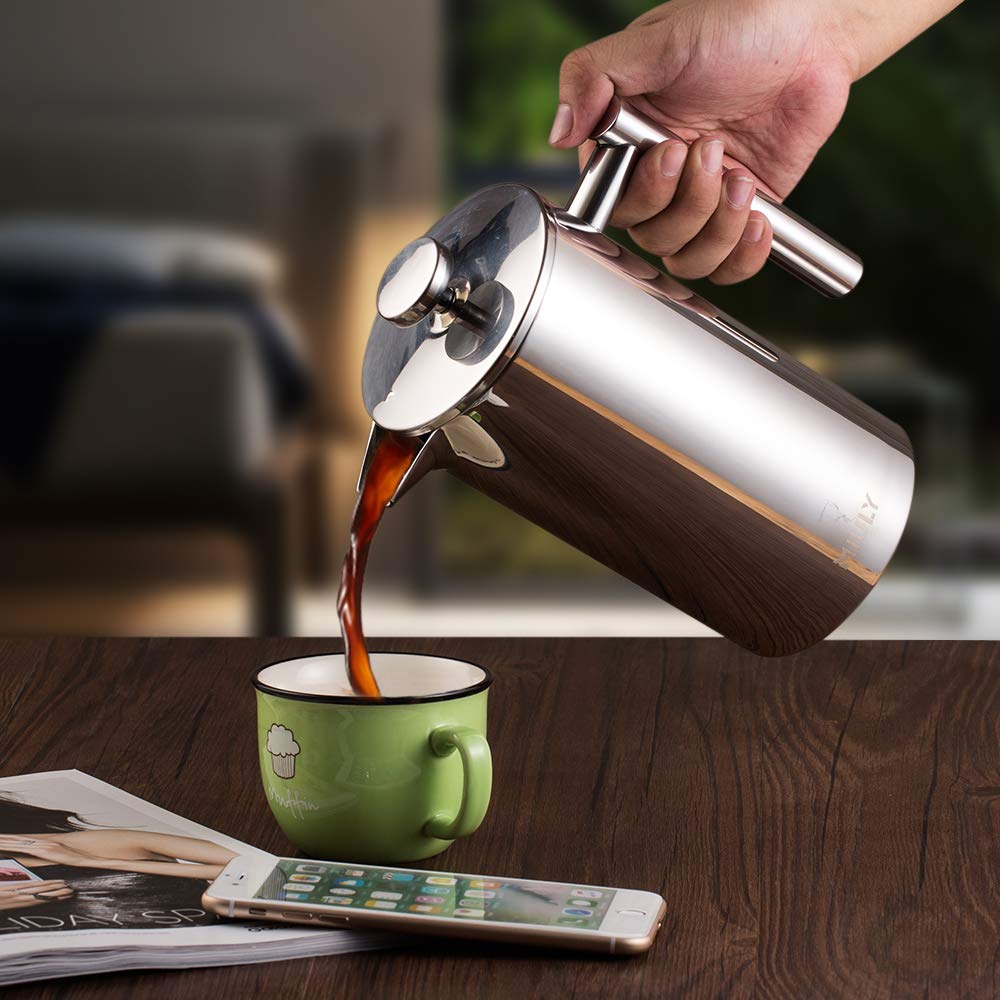 Miuly French Press 34oz, Double Insulated 304 Stainless Steel Coffee Press,Stainless Steel French Press with 5 Extra Fliters and 3 Additional Coffee Set(34oz, Sliver)