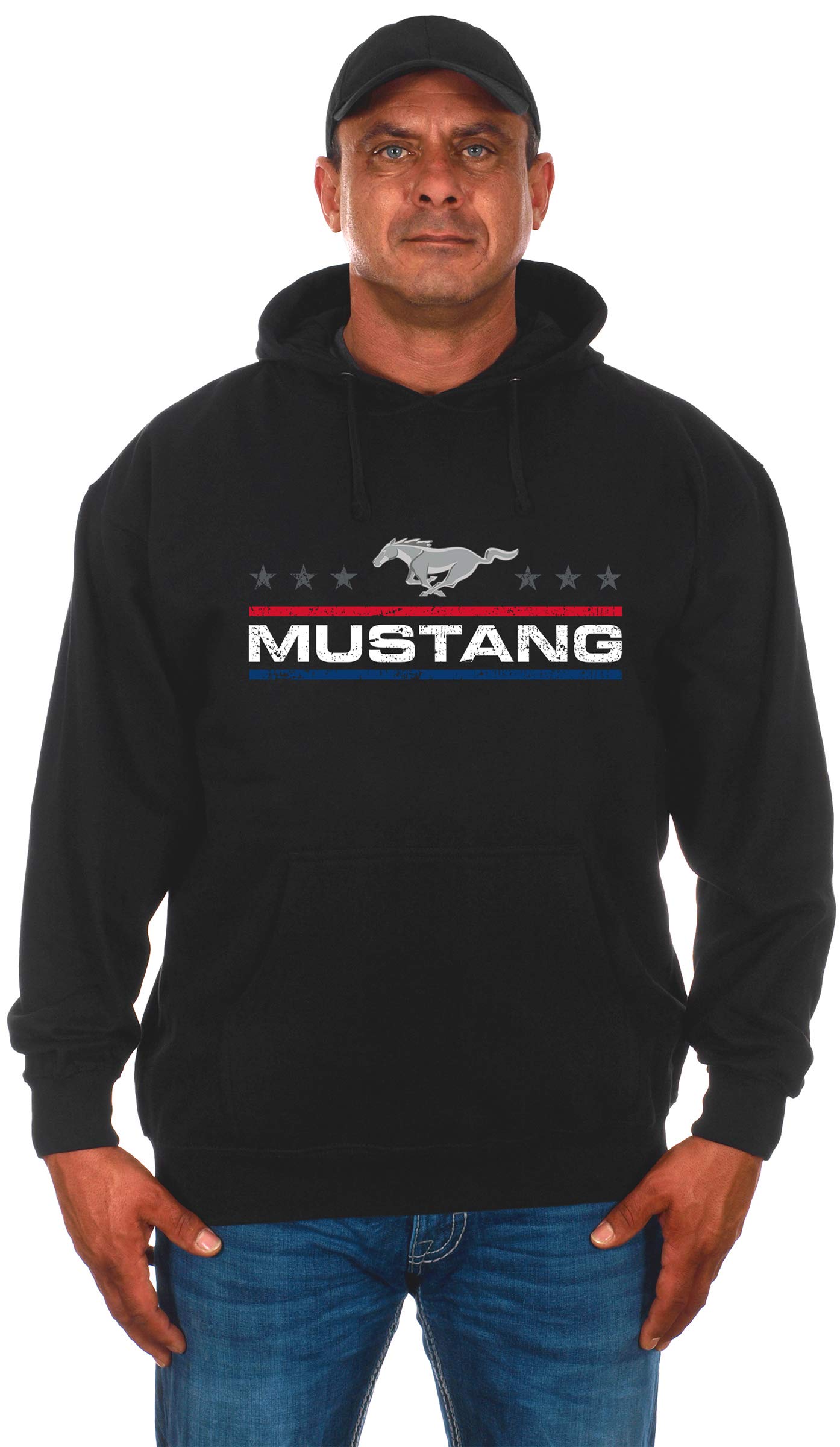 JH DESIGN GROUP Men's Ford Mustang Pullover Hoodie American Flag 2 Sided Sweatshirt (Small, Black)