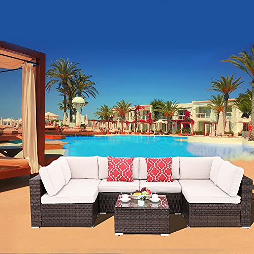 Polar Aurora 7 Pieces Outdoor Patio Sofa Set PE Rattan Wicker Sectional Furniture Outside Couch w/Washable Seat Cushions & Modern Glass Coffee Table