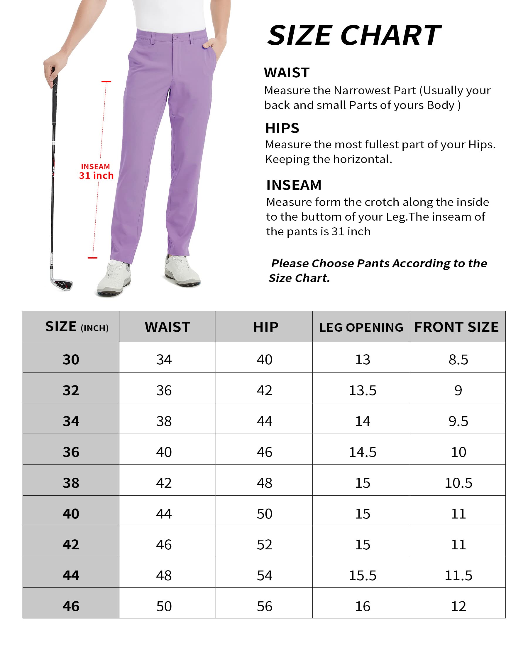 Lesmart Mens Golf Pants Stretch Slim Fit Lightweight Breathable Dry Fit Golf Pants with Pockets Violet 32Wx31L