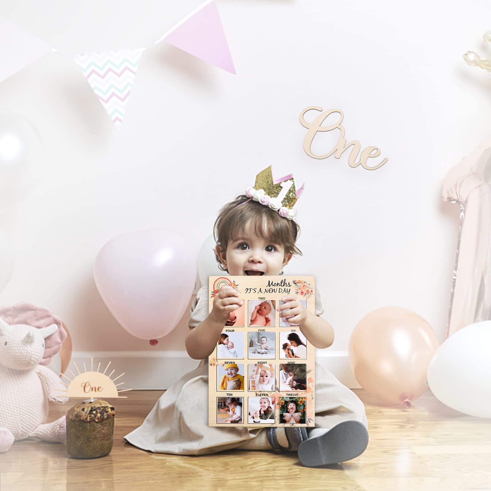 Promise Babe Keepsake Photo Frame,Baby's First Year Picture Frame Monthly Growth Milestone Frame,Baby Girl Nursery Decor for Birthday Party,Flower Pattern