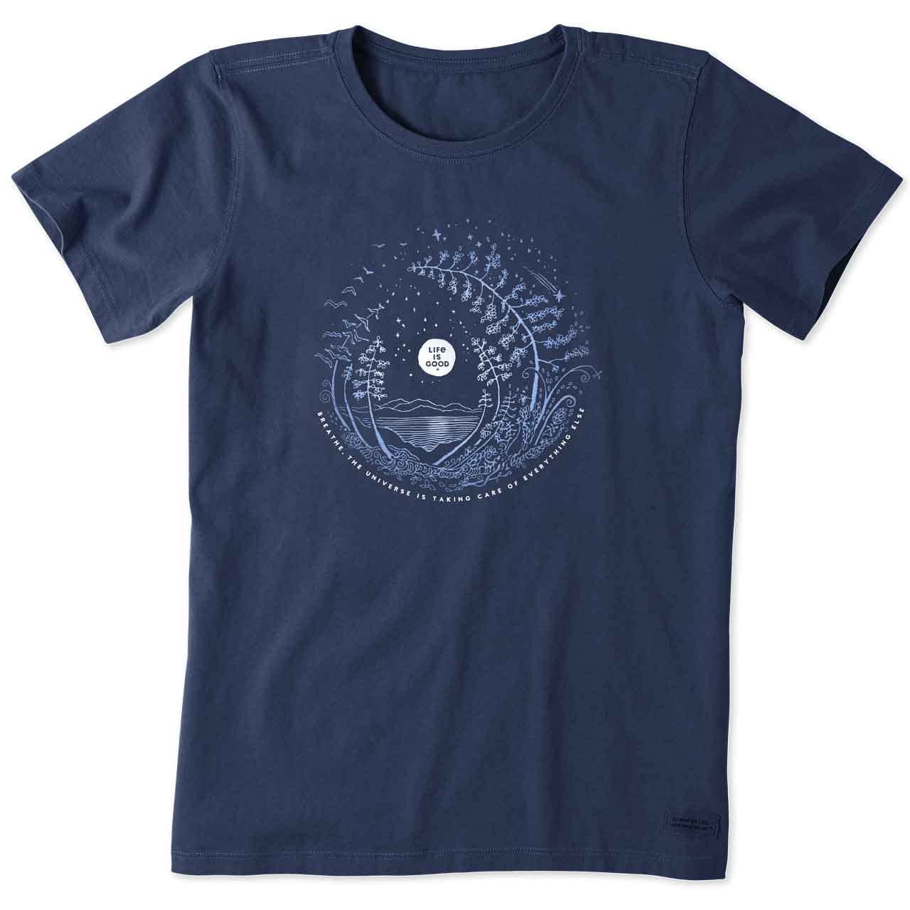 Life is Good. Women's Breathe Moon Evergreen Fern Crusher Tee, Darkest Blue, Large