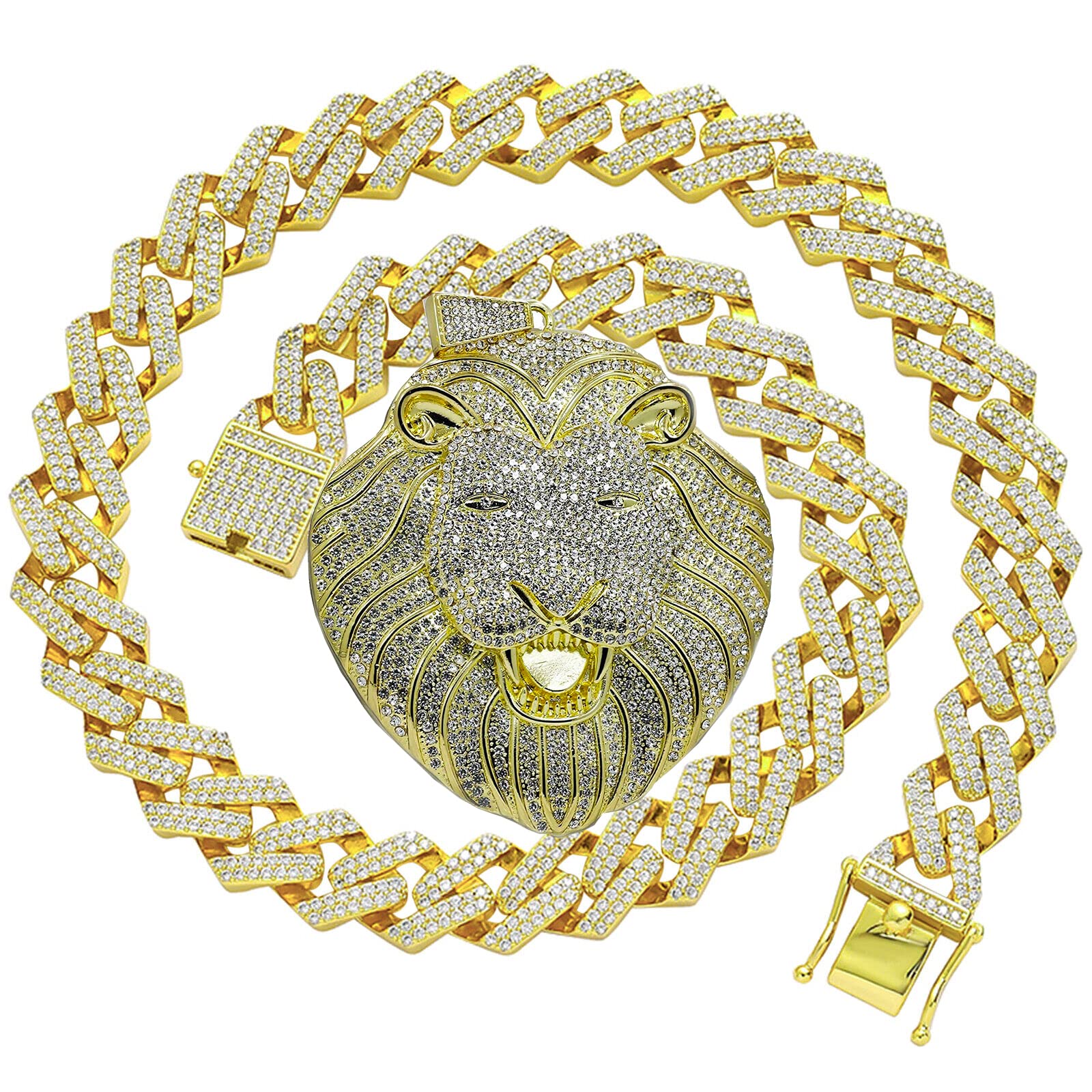 MAXBLING81 FASHION HIP HOP RAPPER STYLE ICED SIMULATED DIAMOND GOLD SILVER PLATED JUMBO LARGE LION HEAD CHARM PENDANT & 14mm 18" 20" 24" ZIG ZAG CUBAN BOX LOCK CHAIN NECKLACE GIFT (24" CHAIN, GOLD)