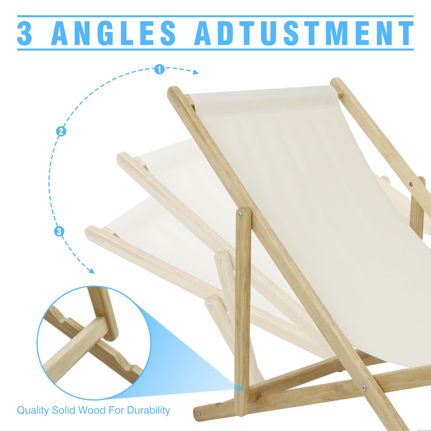 PetsCosset Wooden Patio Lawn Deck Chairs 2 Set Outdoor Camping Sling Chairs,Beach Sling Chair Set - Durable Acacia Wood and Triple-Layer Polyester Canvas, Adjustable and Portable(Natural Wood)