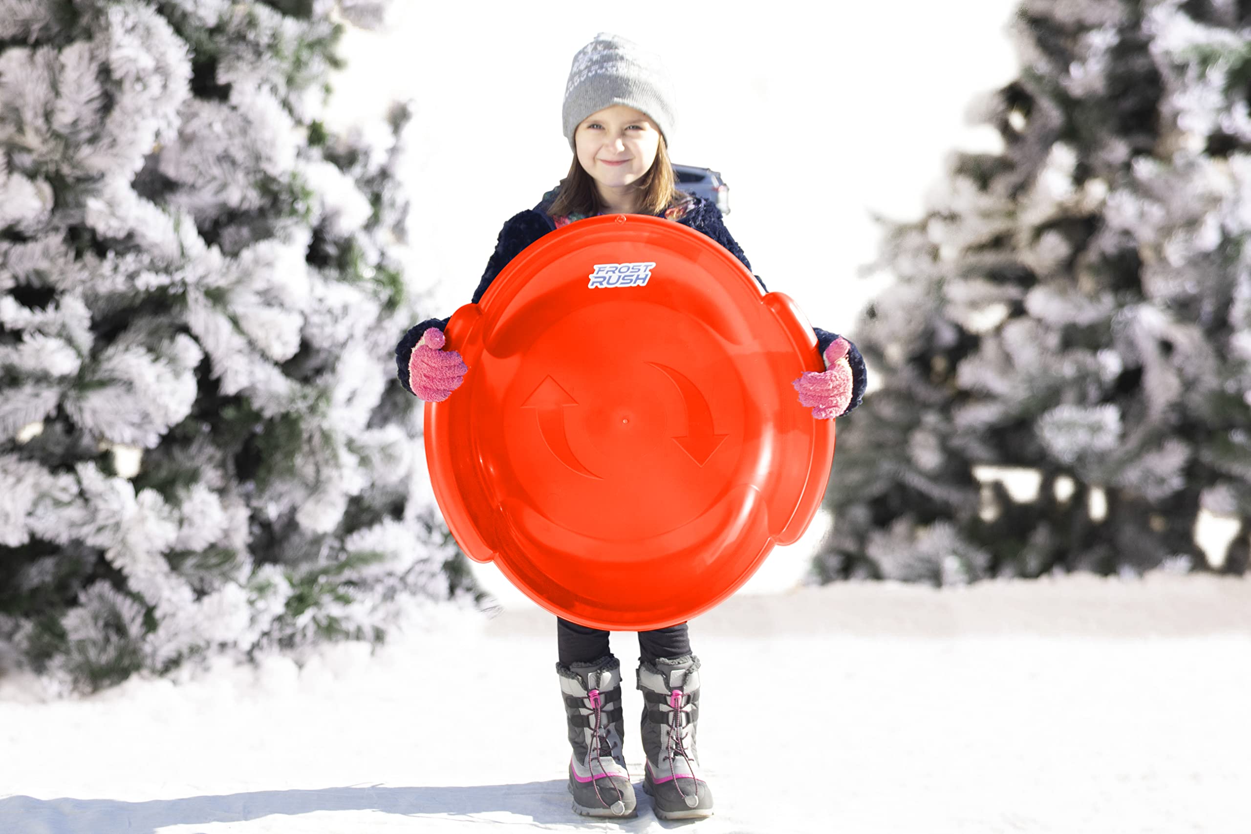 Machrus Round Saucer Sled for Kids and Adults | Frost Rush Winter Snow Sled | Heavy Duty Plastic Round Sled with Grip Handles - Blue