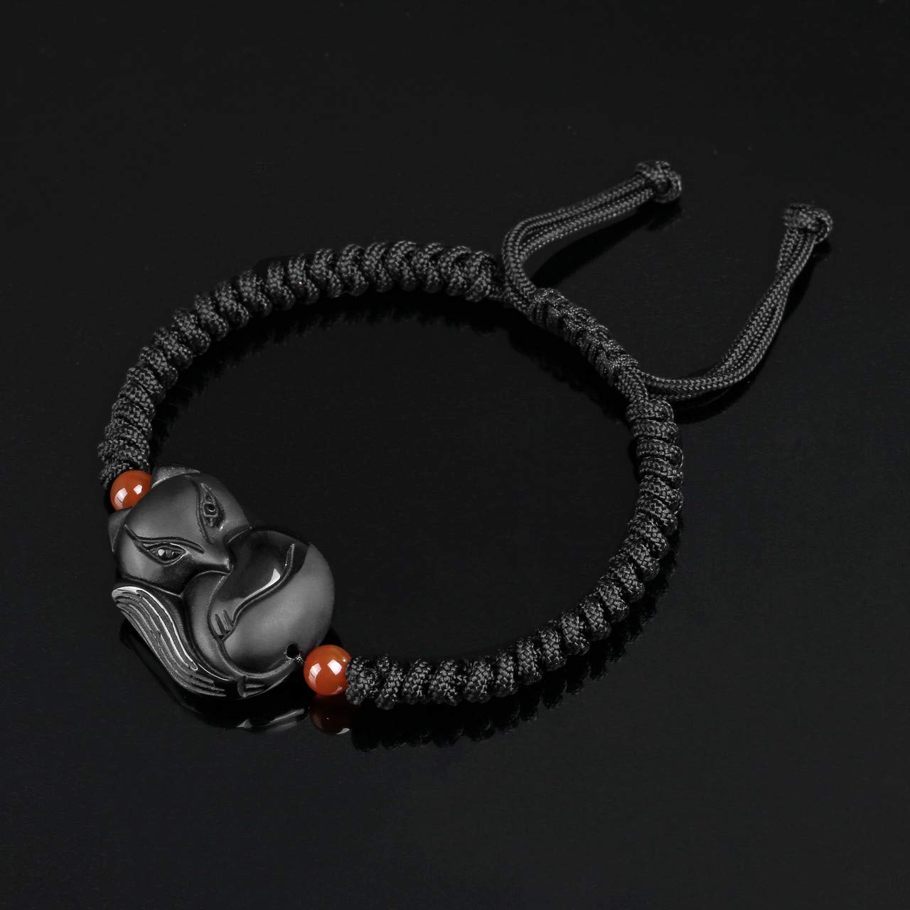 Jovivi Natural Black Obsidian Stone Gemstone Fox Crystal Bracelet Braided Rope Amulet Charm Bracelet for Wealth