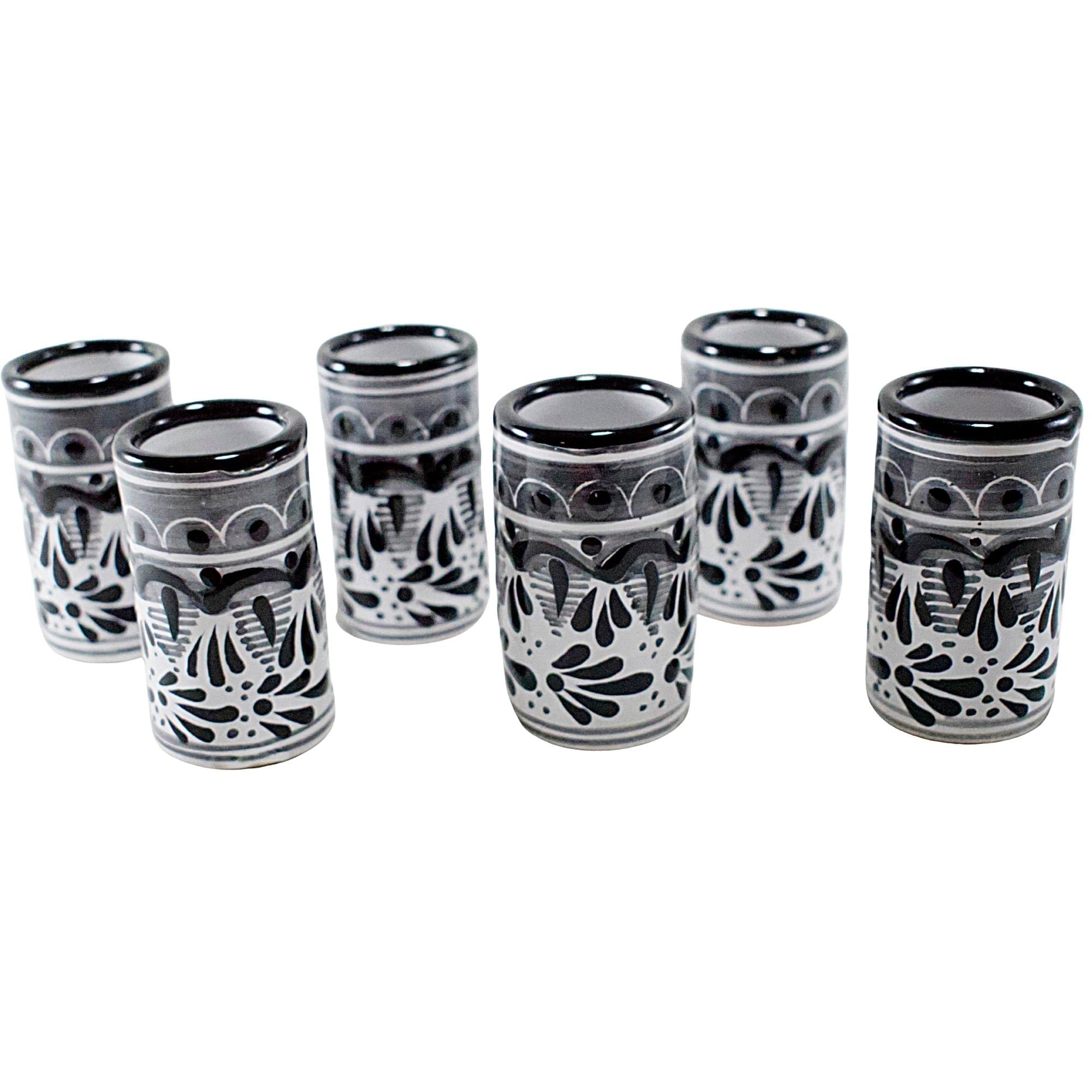 MAREY Mexican Pottery Shot Glasses | Talavera Poblana | Talavera Pottery | Set of 6 Pieces | 100% Handmade | Tequila Cups (Black & White, 2 Oz.)