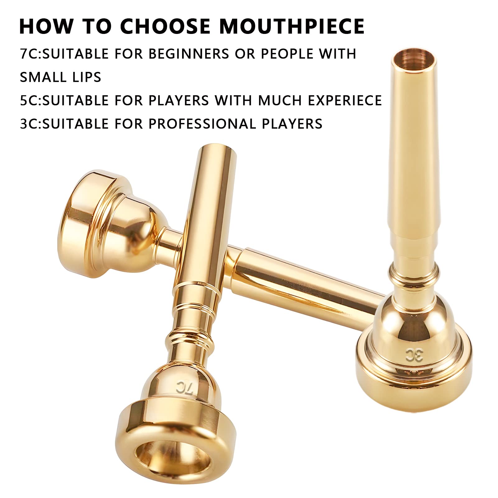 Lespielend Trumpet Mounthpiece Set(3c 5c 7c) 3 Pack Gold Plated for Beginner,Professional Player
