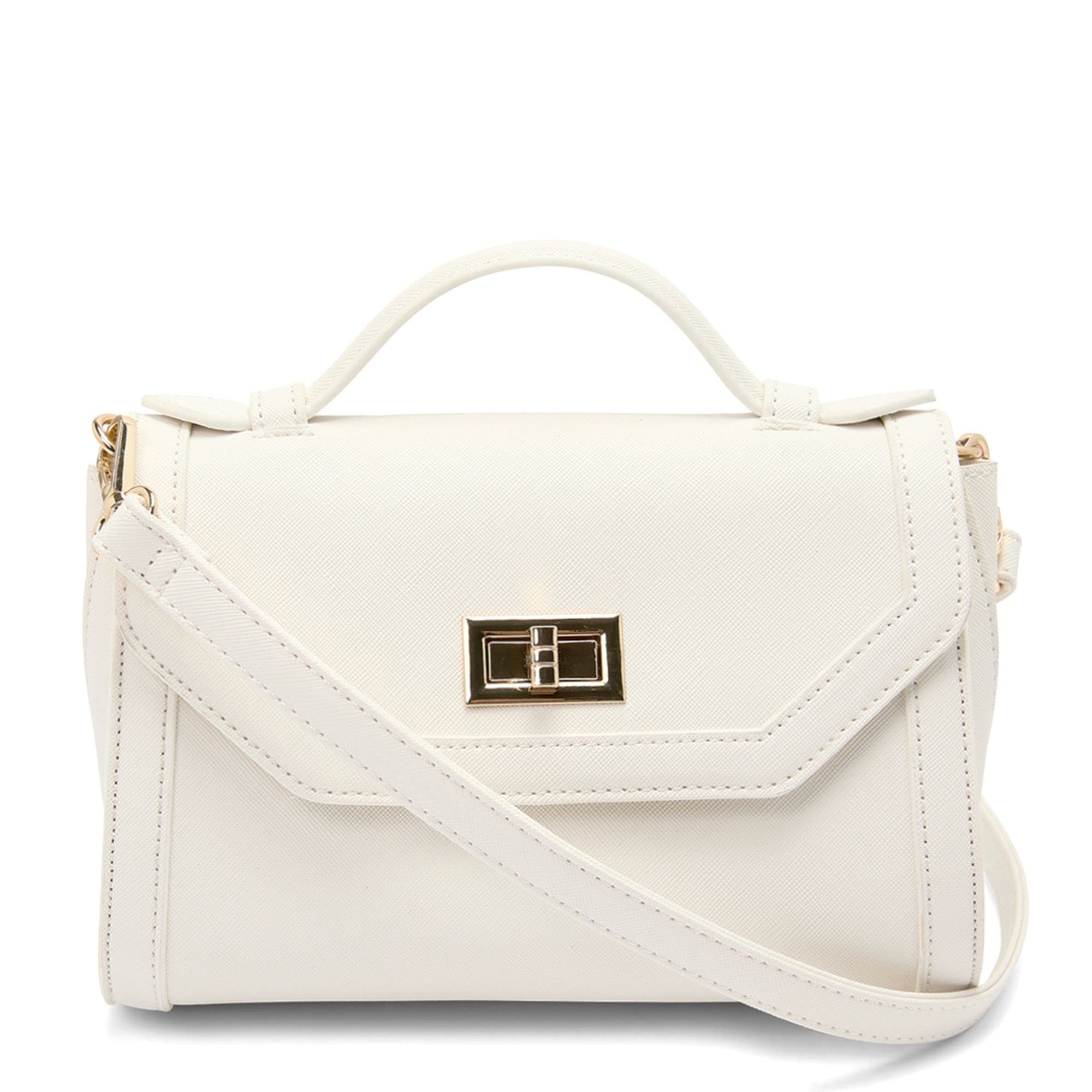 Like Dreams Women Classic Messenger Bag Saffiano Vegan Leather Top Handle Turn Lock Crossbody Handbag Purse (White)