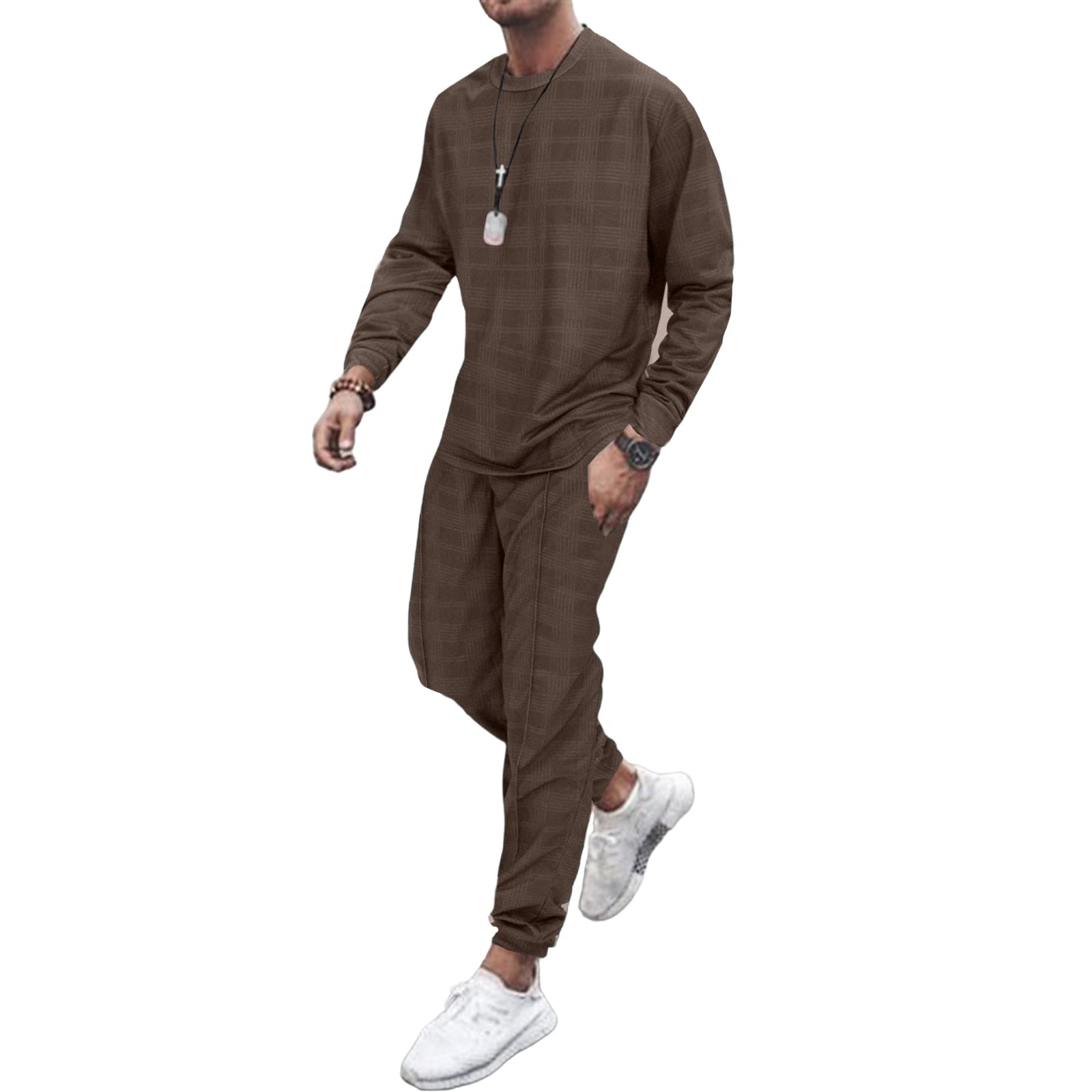 Mens 2 Piece Outfits Long Sleeve Shirts Athletic Sweatpants Casual Winter Plaid Tracksuits Brown L