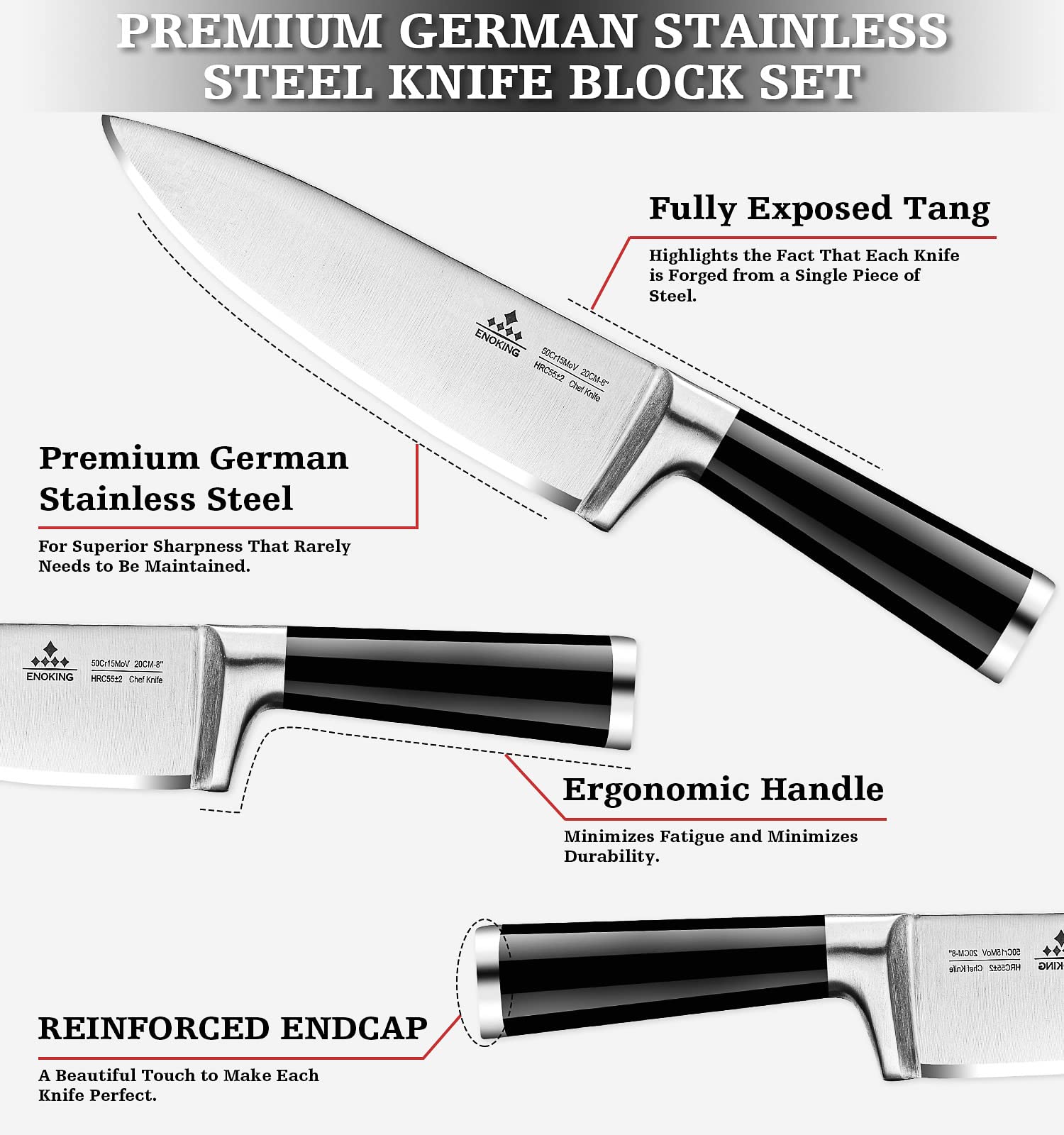 Knife Block Set, ENOKING 8 Pieces Kitchen Knife Set with Independent Sharpener, German Stainless Steel Knives Set for Meat, Vegetables, Fruits, Chopping, Slicing, Dicing & Cutting, Ultra Sharp
