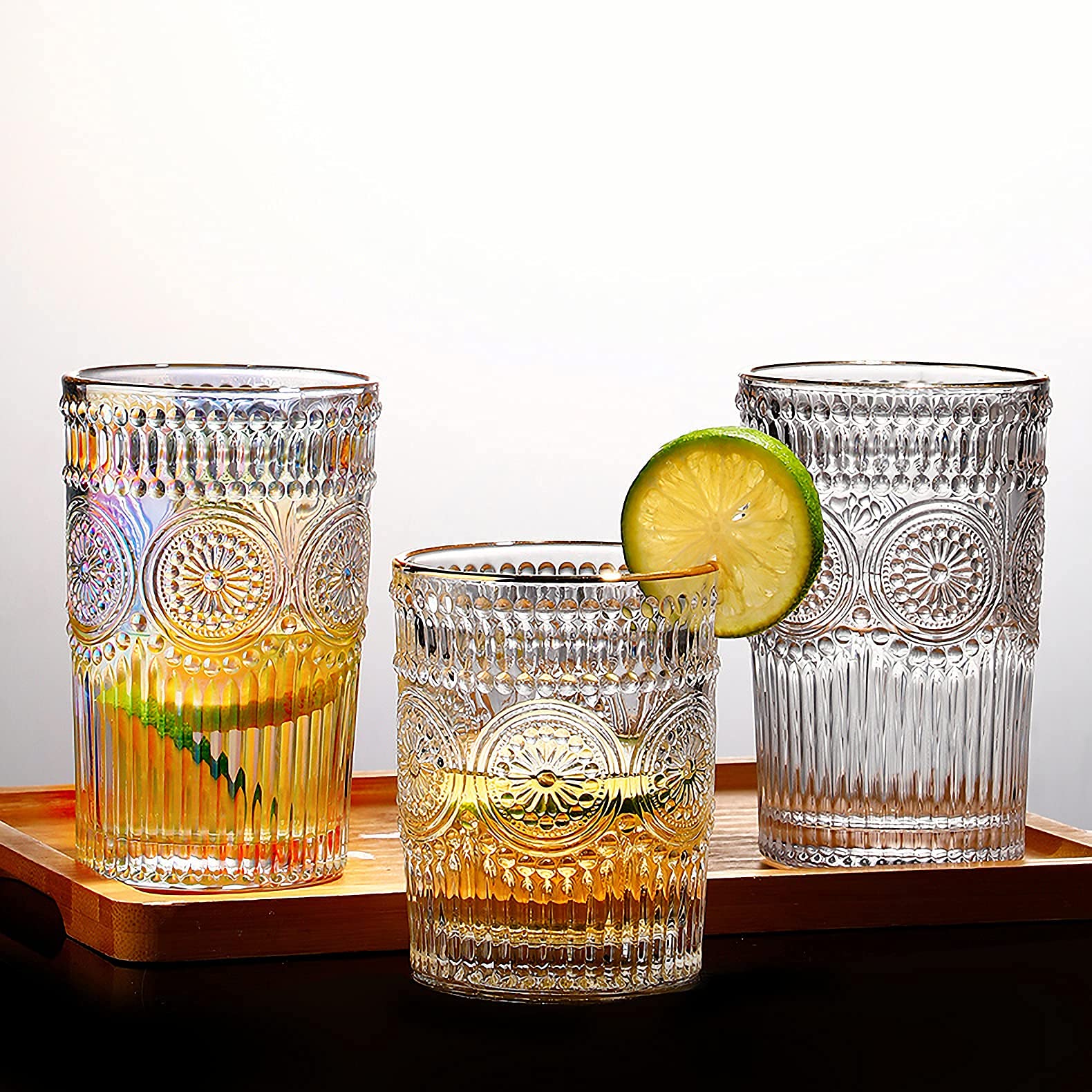 Kingrol 6 Pack 9 oz Romantic Water Glasses, Iridescent Drinking Glasses Tumblers, Vintage Glassware Set for Juice, Beverages, Beer, Cocktail