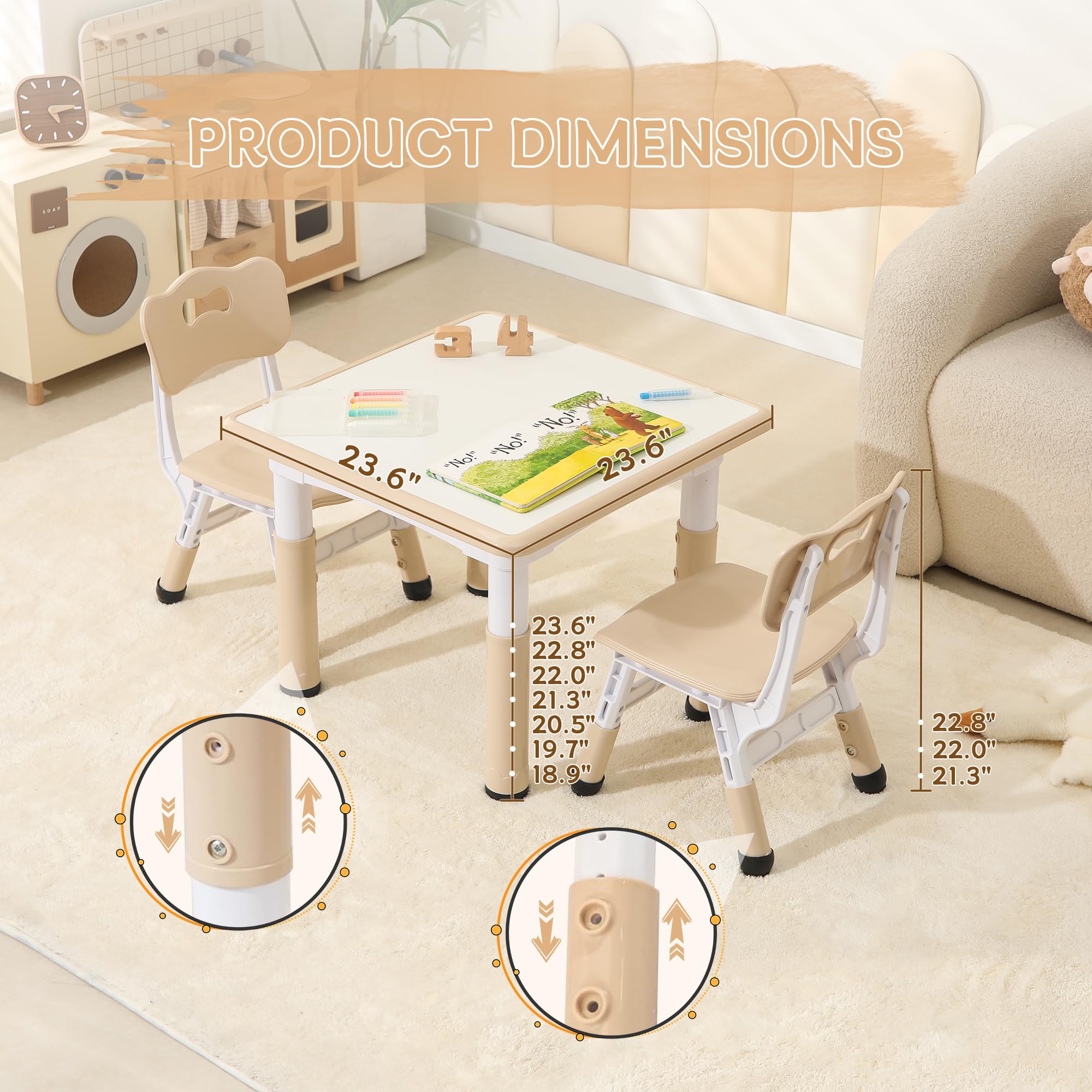 SINKIPA Kids Table and 2 Chairs Set, 23.6''L x 23.6''W Toddler Table and Chairs, Height Adjustable Kids Study Table for Ages 2-10, Graffiti Desktop Children Activity Table with Anti-Slip Foot Covers
