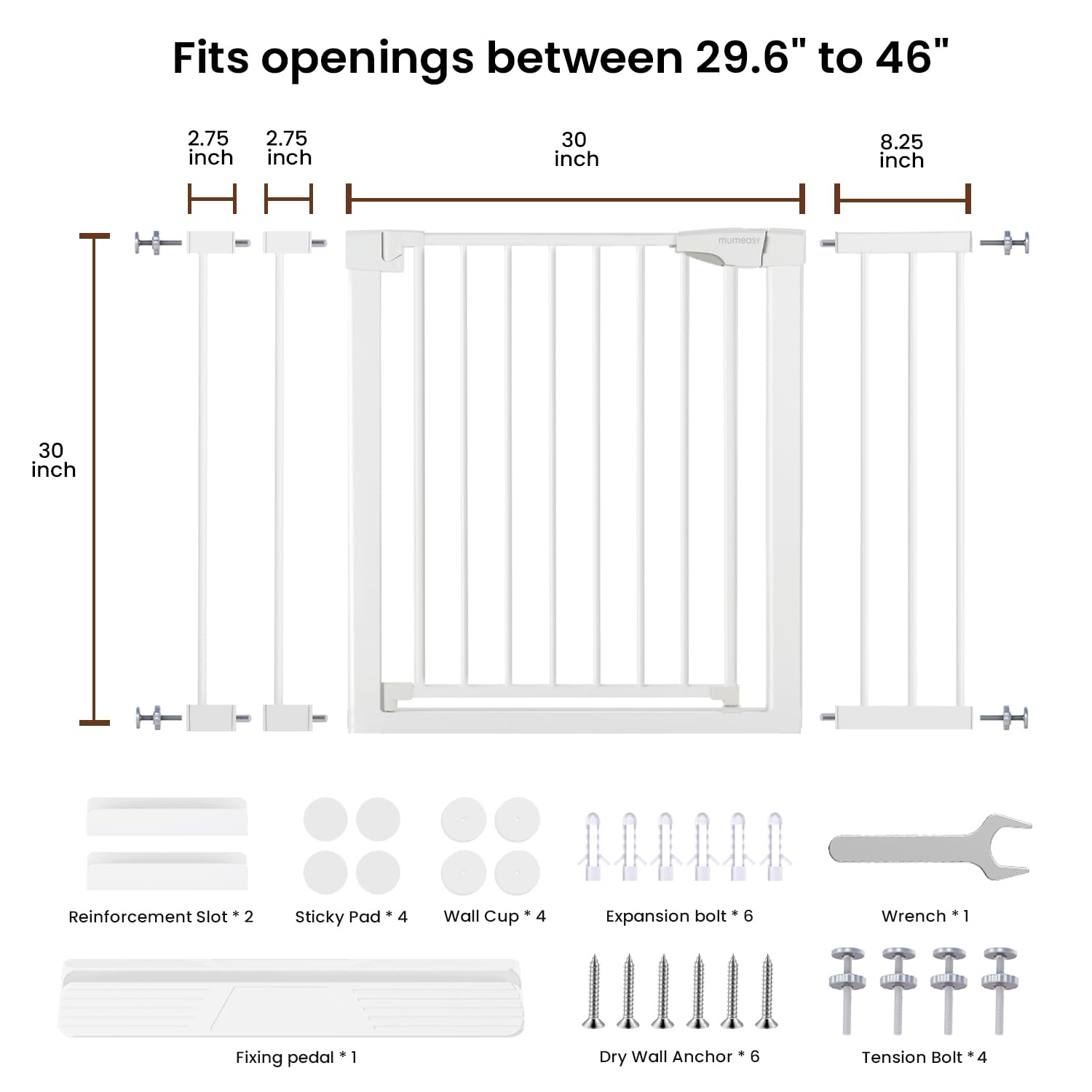 Mumeasy Baby Gate for Stairs, 29.6"-46" Pressure Mounted Pet Gate with Walk Through Door, Auto Close Dog Gate for House, Stairs, Doorways