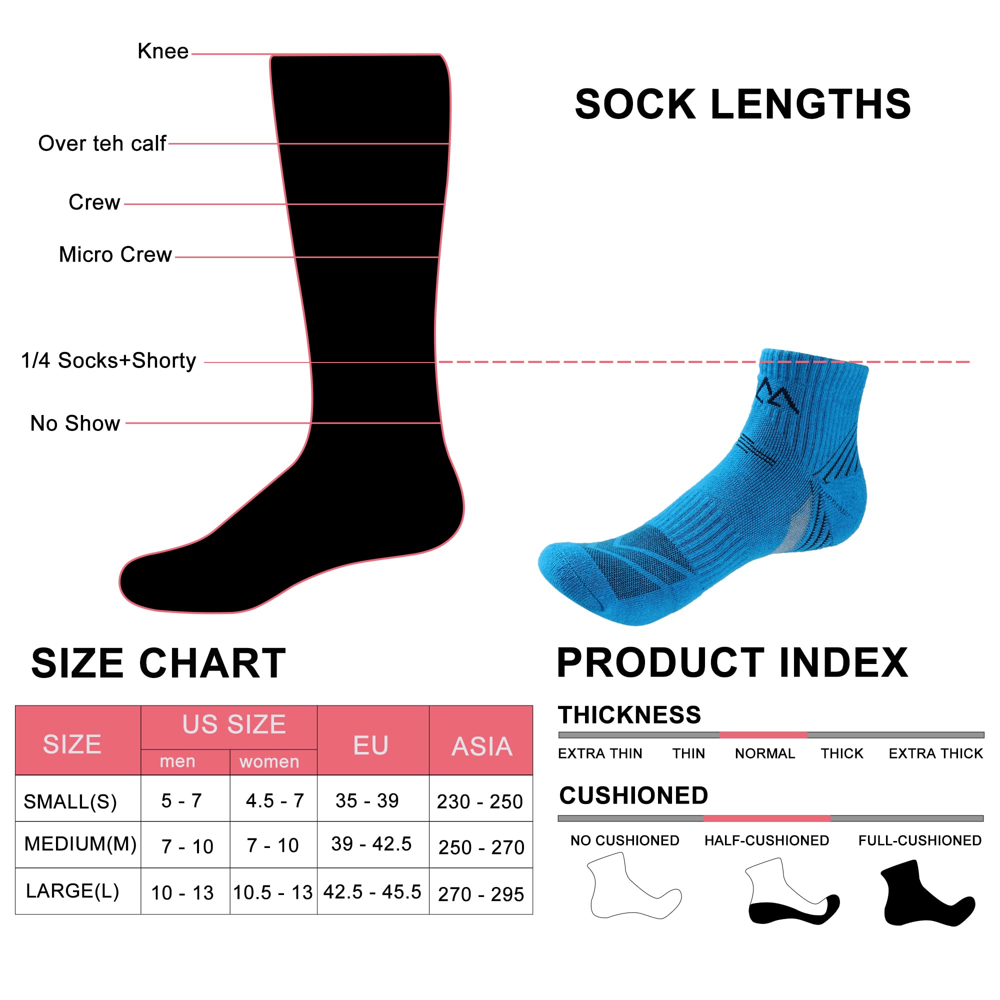 innotree 5 Pack Men's Cushioned Hiking Walking Running Socks,Moisture Wicking Multi Performance Quarter Crew Athletic Cotton Socks