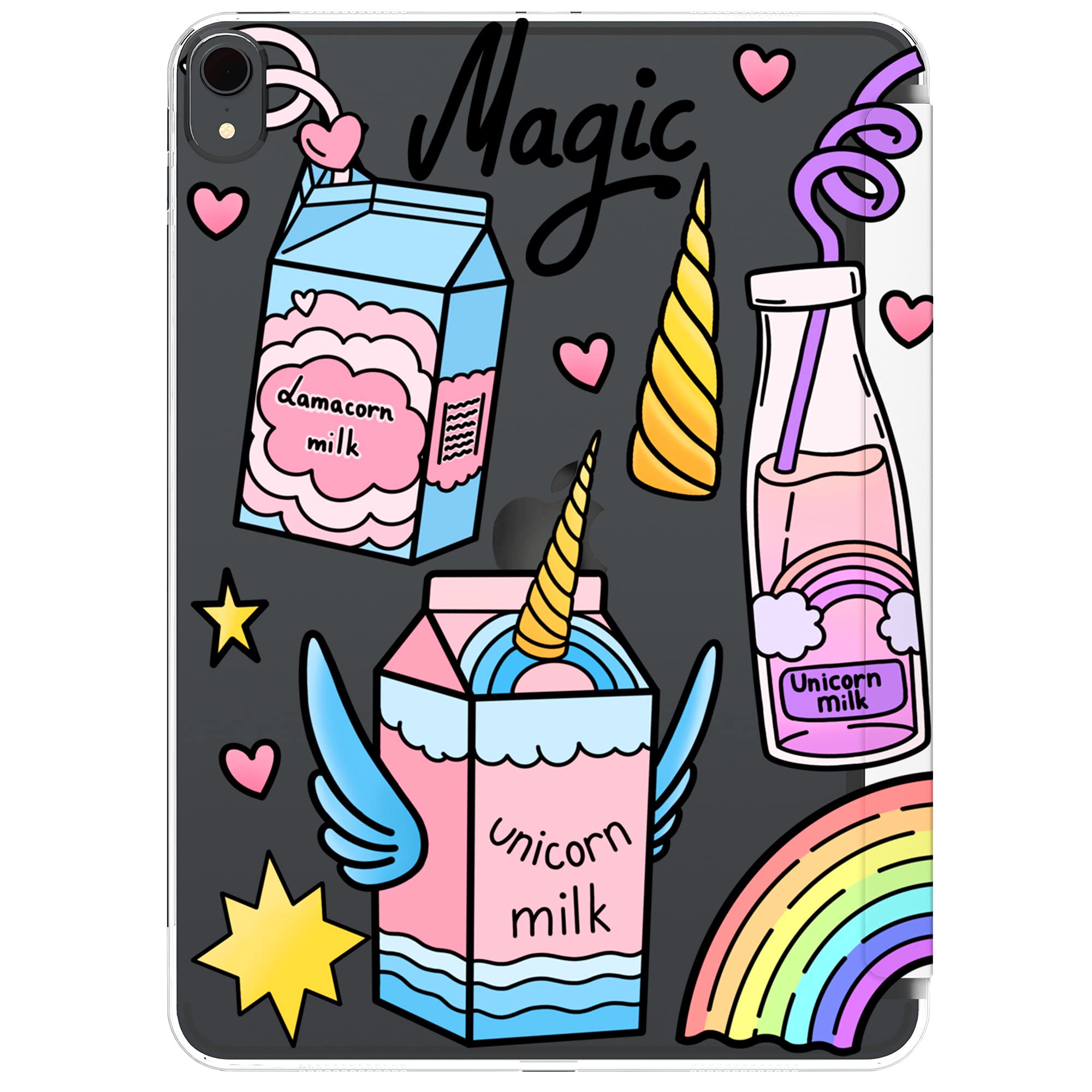 Loraw iPad Case Compatible with iPad Pro 11 inch 2021 2020 12.9 2018 10.2 9th 8th 7th Mini 5 6 Air 4 3 2 Milkshake Horn Stand Llamacorn Bow Rainbow Auto Wake/Sleep Unicorn Uni Print Protective Pink