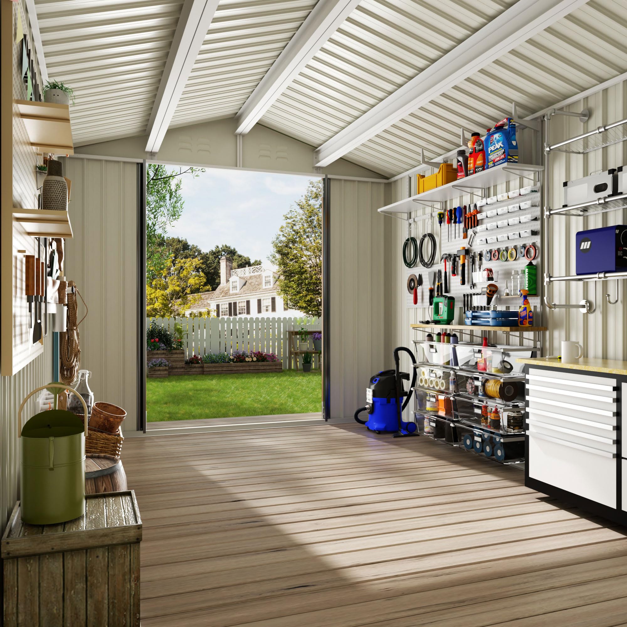 WKM Outdoor Storage Shed 8x12 FT, Utility Metal Tool Storage with Lockable Doors and Updated Frame Structure, Large Metal Garden Shed for Backyard, Patio Lawn, Brown
