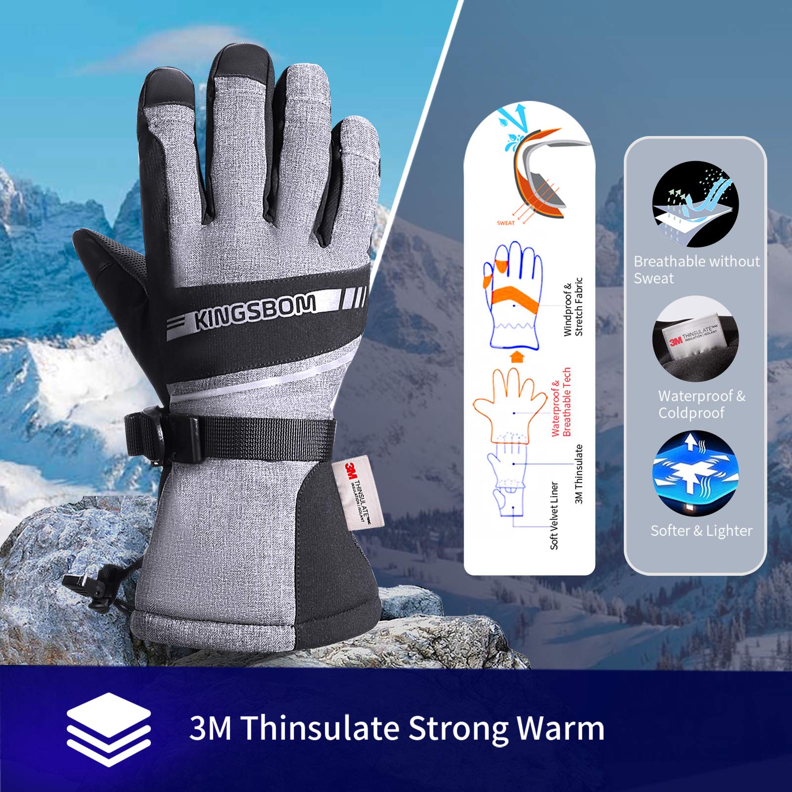 KINGSBOM Waterproof Ski & Snow Gloves, 3M Thinsulate Winter Warm Touch Screen Snowboard Gloves for Men & Women (XX-Large)