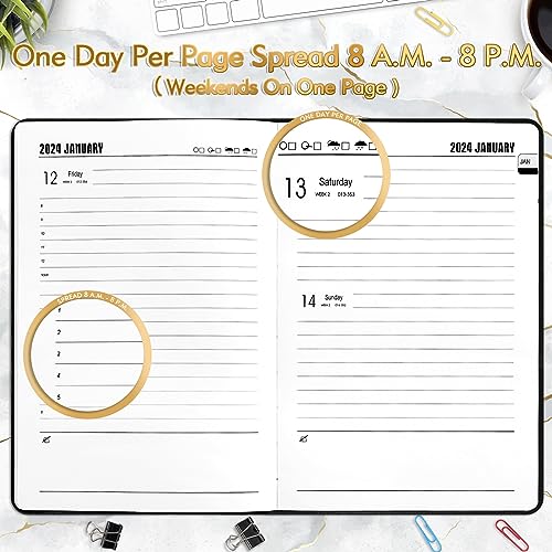 KESOTE 2024 Daily Hourly Planner - One Page a Day, 2024 Diary Planner 5.7 x 8.3" Hardcover Monthly Planner Agenda 12 Month, A5 College Notebook Planner, Black