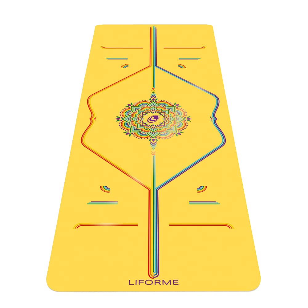 LIFORME Printed Yoga Mat & Travel Mat Bundle Pack – Patented Alignment System, Eco-Friendly, Non-Slip Warrior-Grip, Made with Natural Rubber, Thick, Sweat Resistant, Comfortable - Yellow/Yellow