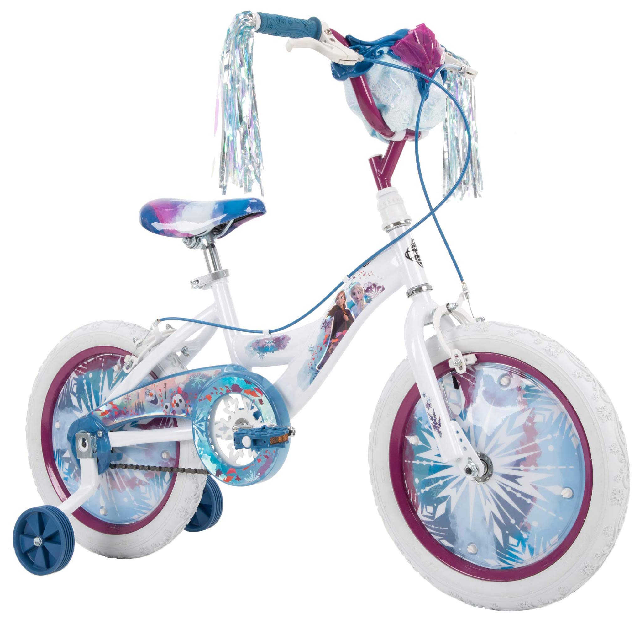 Huffy Disney Frozen 2 16 Inch Girl’s Bike with Training Wheels, Streamers & Basket, White, Quick Connect Assembly