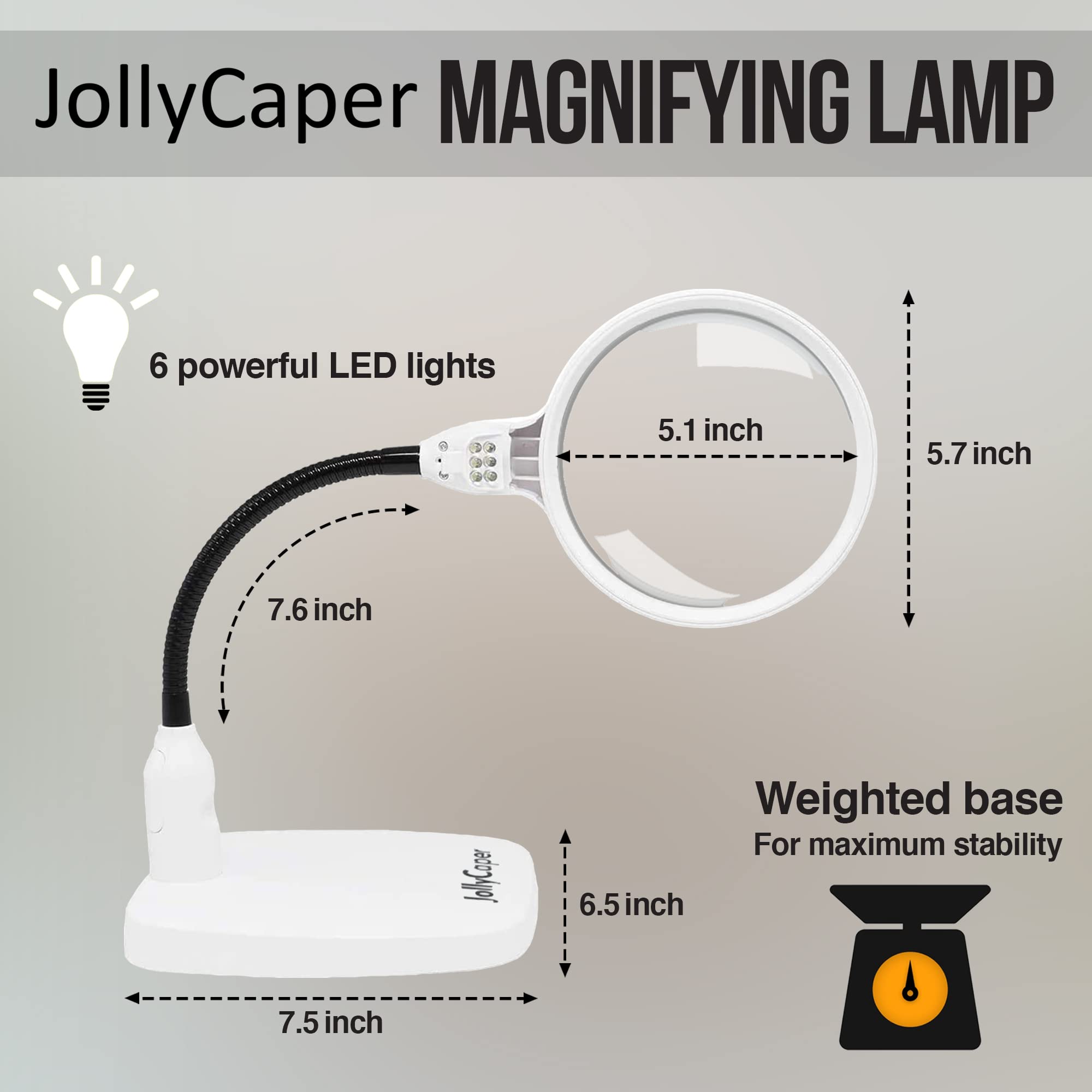 JollyCaper - Magnifying Glass with Light and Stand - Led Magnifying Lamp 8X - 6 LED - Magnifying Lamp for Sewing Table, Crafts, Reading Light, Jewelry