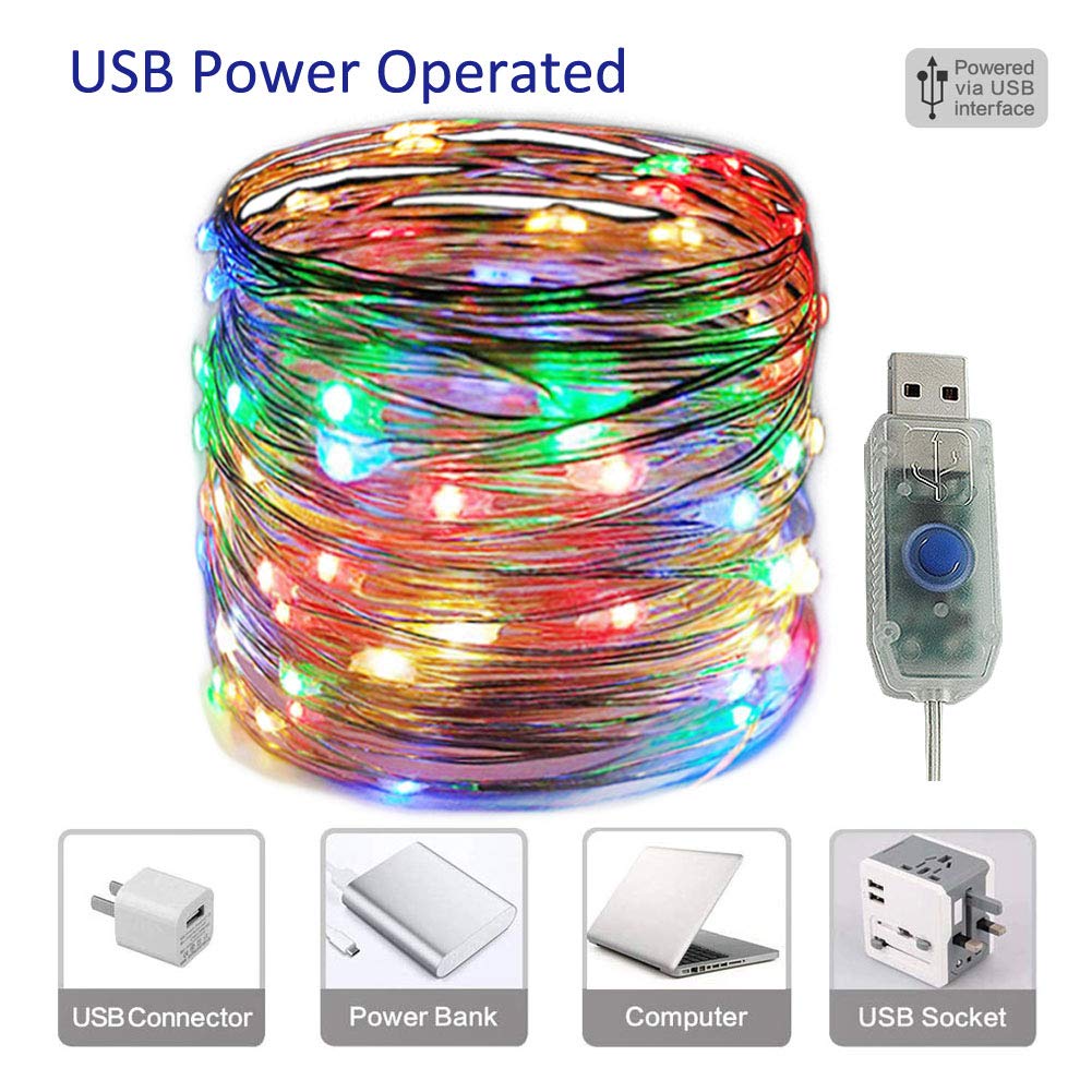 Huakway USB LED String Lights 33ft 8 Modes (2-Pack) 100 LEDs Remote Control Timer Waterproof 4 Color Mini Flexible Copper Wire Outdoor Indoor Deco Dorm Home Garden Party