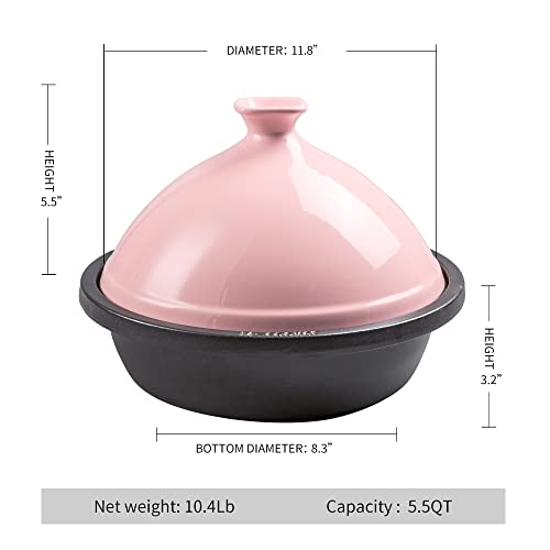 M-Cooker Tagine Pot - 5.5-Quart Moroccan Tajine with Cast Iron Base and Ceramic Cone-Shaped Lid, High-Quality Cookware- Pink