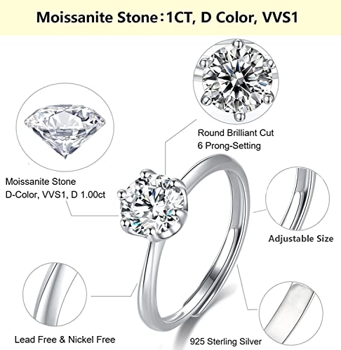 Letalong 1CT Adjustable Moissanite Rings for Women, S925 Sterling Silver 6 Prong Moissanite Engagement Ring