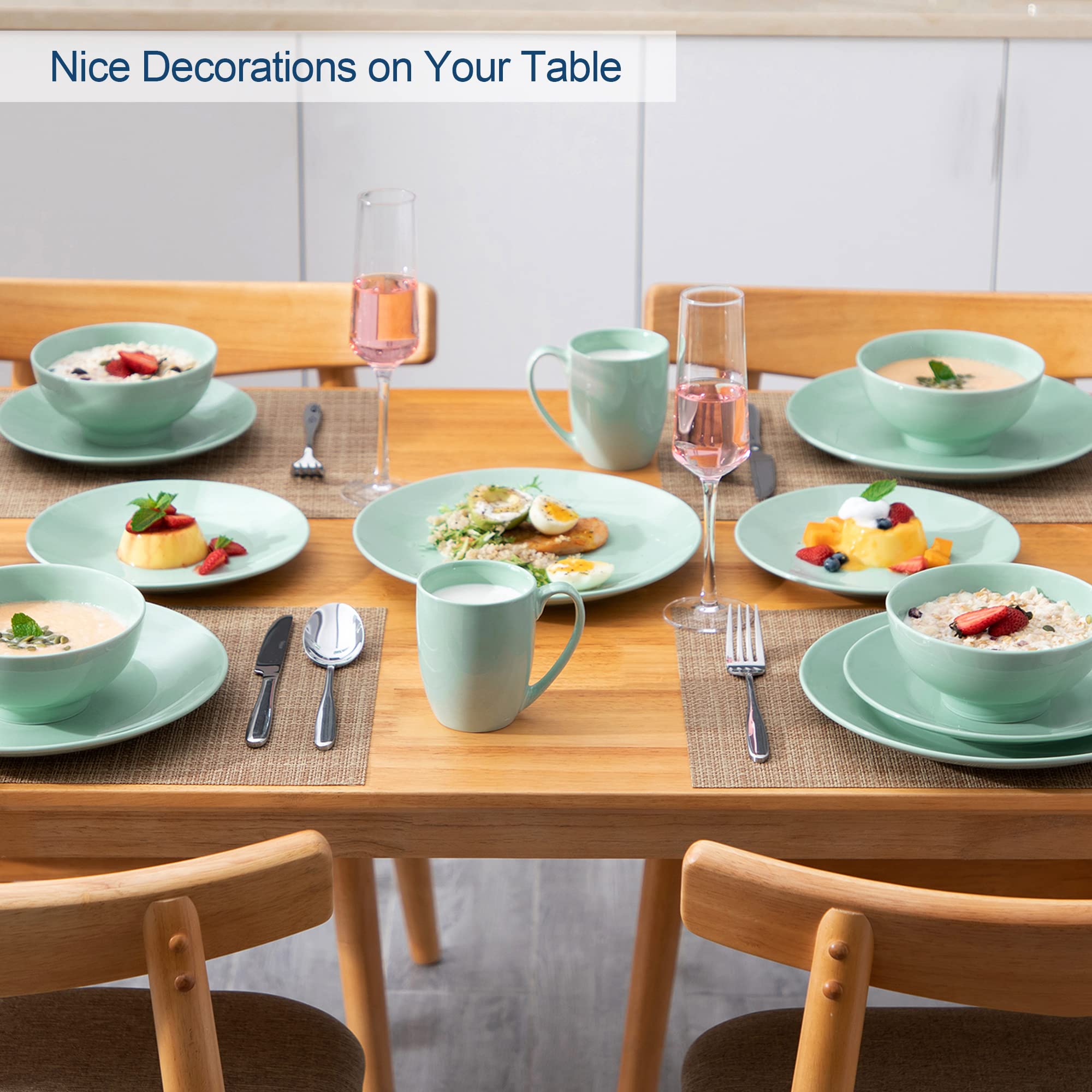 LOVECASA Dinnerware Sets for 4, 16-Piece Green Dishes Set, Porcelain Plates and Bowls Sets with Dinner Plates, Dessert Plates, Bowls and Mugs, Microwave Dishwasher Safe, Light Green