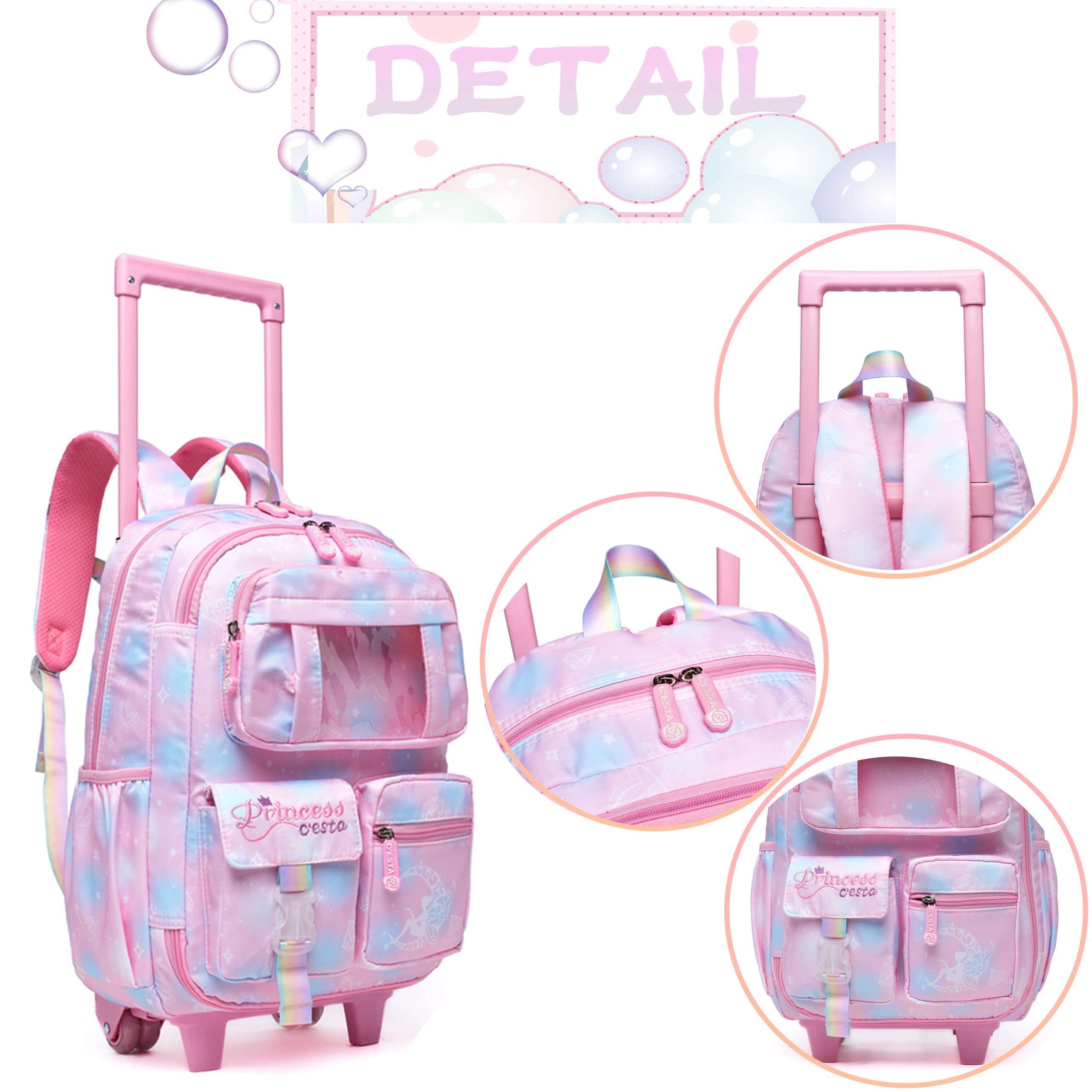HTgroce Rolling Backpack for Girls School Bookbag with Wheels for Elementary Student Wheels Roller Trolley Luggage Suitcase Pink
