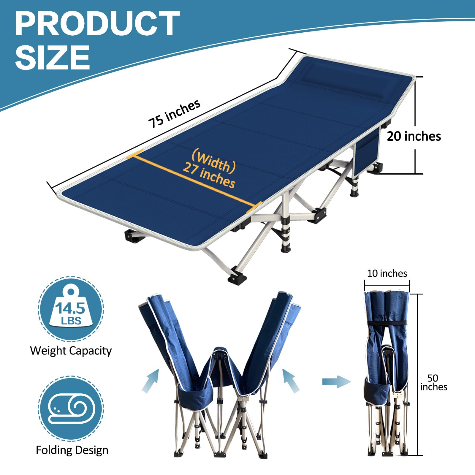 NESDCC Camping cot, Camping Bed cots for Sleeping 450LBS(Max Load) 75x28 inches Folding cot with Carry Bag Double Layer Oxford Camping cots Sleeping cots for Adults Office Home Nap Beach Vocation
