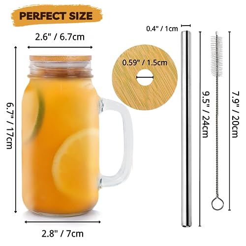 JIAGUOOL 4pcs Drinking Glasses Mason Jar with Handle Mason Jar Cups 24oz Mason Jar Mugs Iced Coffee Tumbler Smoothie Cup for Boba Juice Milk Tea