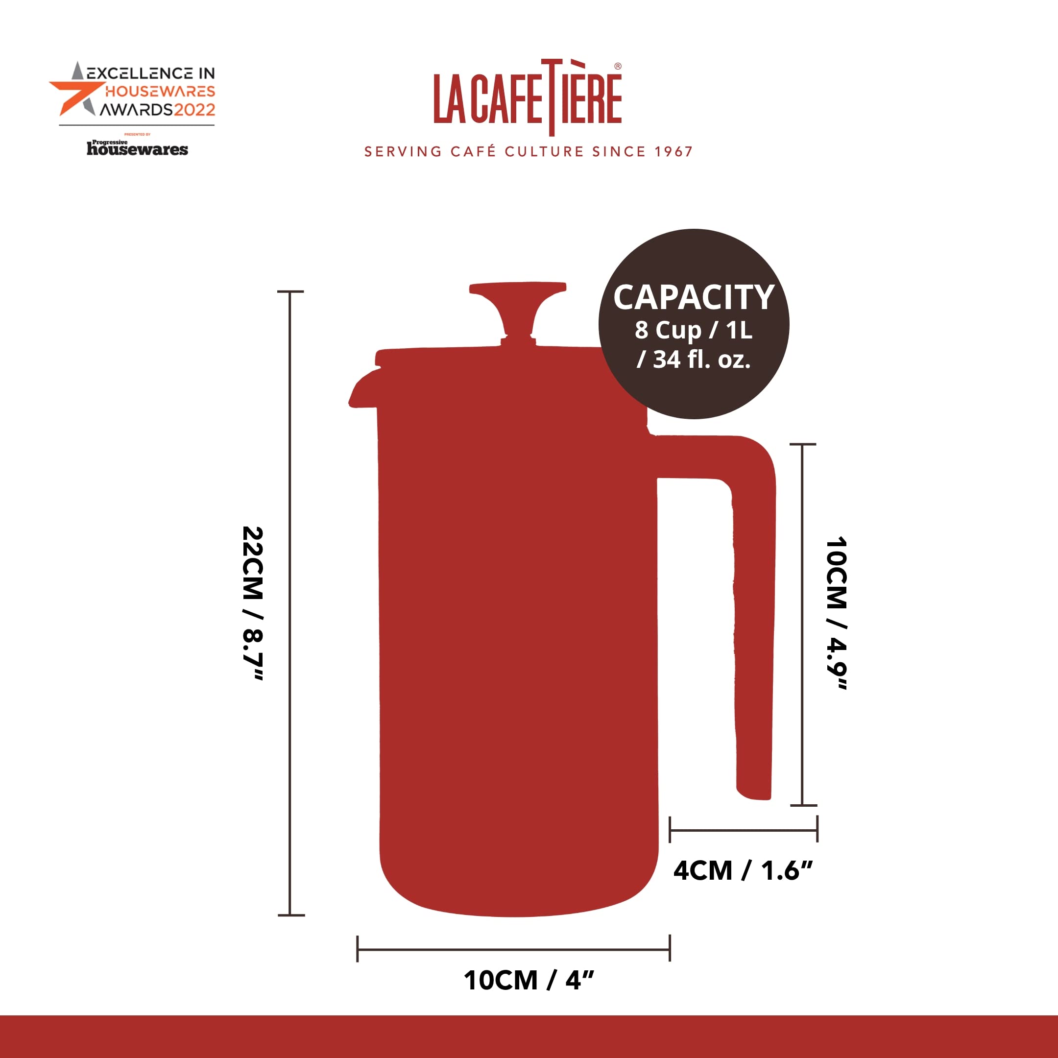 La Cafetière Pisa Cafetière, 8-Cup/1L, Heat-Resistant Borosilicate Glass and Stainless Steel with Easy-Grip Plunger, Large French Press Coffee Maker for Loose Tea and Ground Coffee, Flint