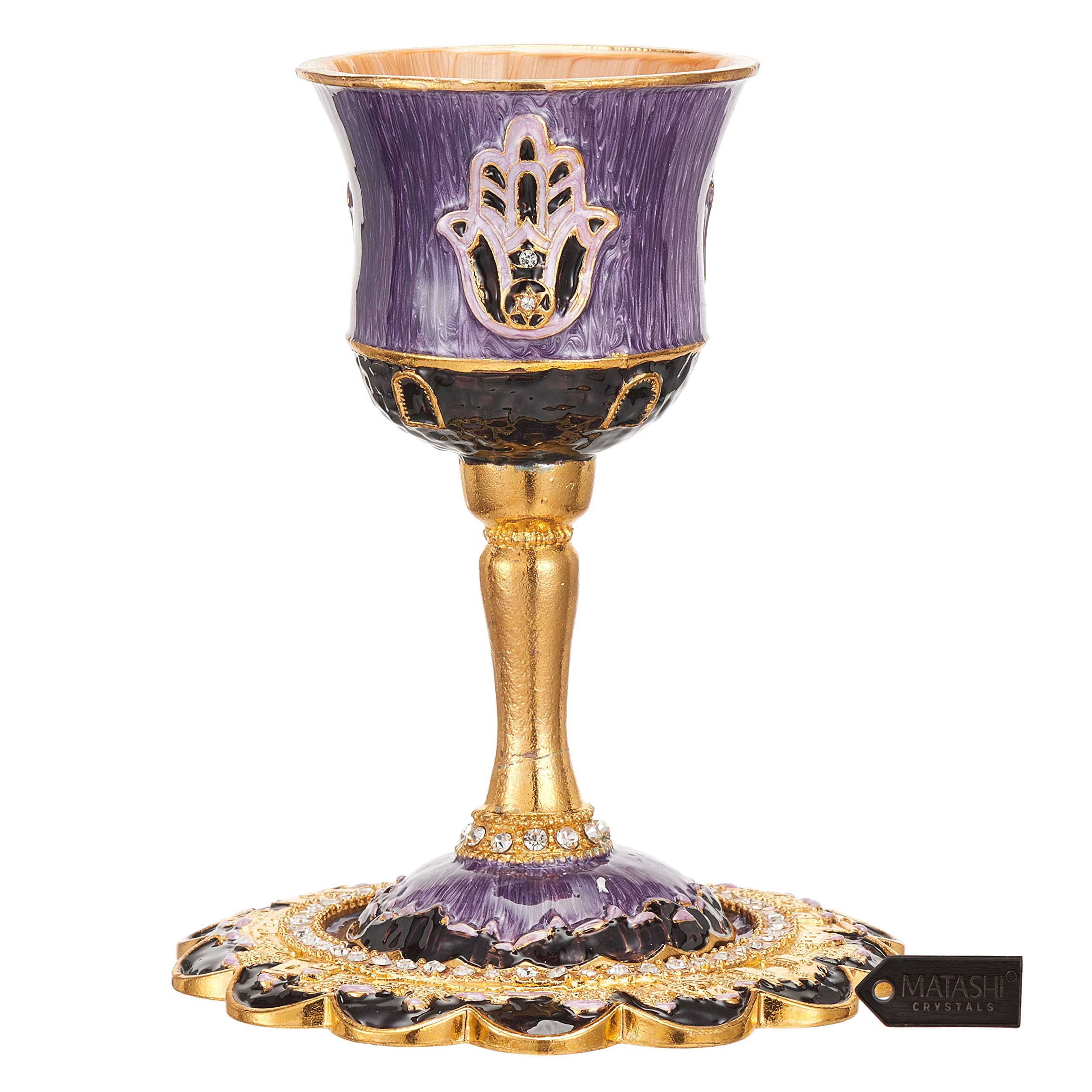 Matashi Hand-Painted Enamel Tall 5" Kiddush Cup Set with Stem and Tray Embellished with Crystals and Hamsa Design for Weddings Shabbat Havdalah Passover Goblet Judaica Gift Home Decor Blessings Cup