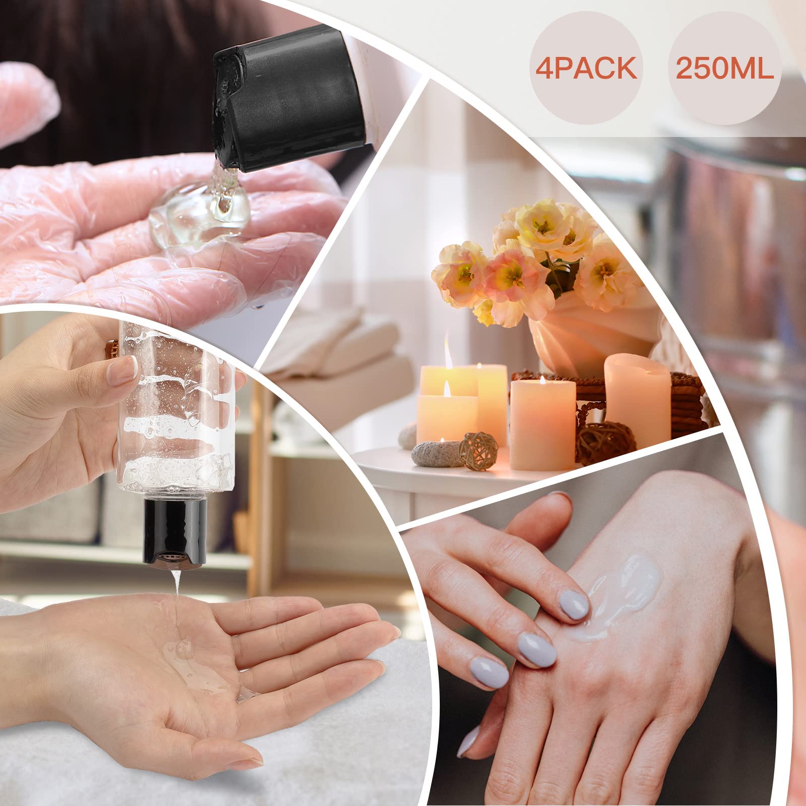 owlyee 8.4oz Travel Bottle with Disc Top Flip Cap (4PCS) Empty Plastic Container for Shampoo, Lotion, Soap (250ml, Clear)