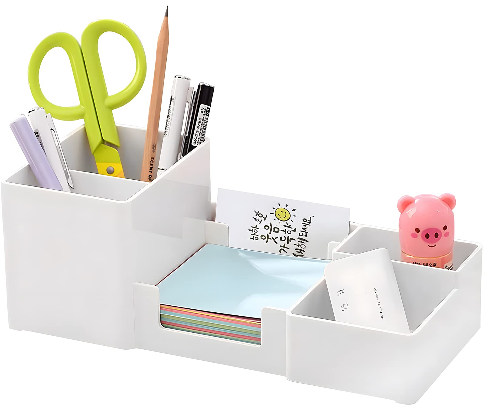 JUPELI Desk Organizer, Desktop Organizer with Pencil Holders, Sticky Note Tray, Paperclip Storage and Office Accessories Caddy, Office Stationery Supplies Organizers, 6 Compartments, White