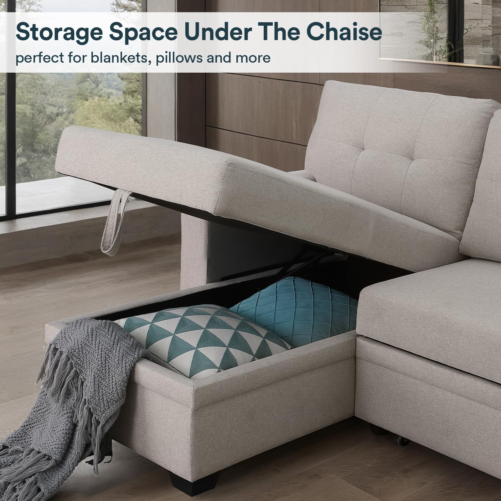 Skepphlay L Shaped Couch Sleeper Sectional Sofa Pull Out Sofa Bed Convertible Sleeper Sofa with Storage for Home Living Room, Beige