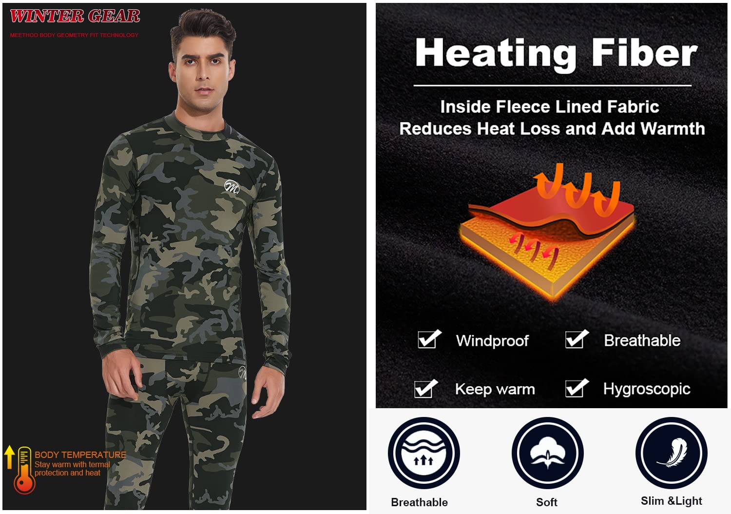 MeetHoo Men’s Thermal Underwear Set, Compression Base Layer Sports Long Johns Fleece Lined Winter Gear Running Skiing, Camo, Large