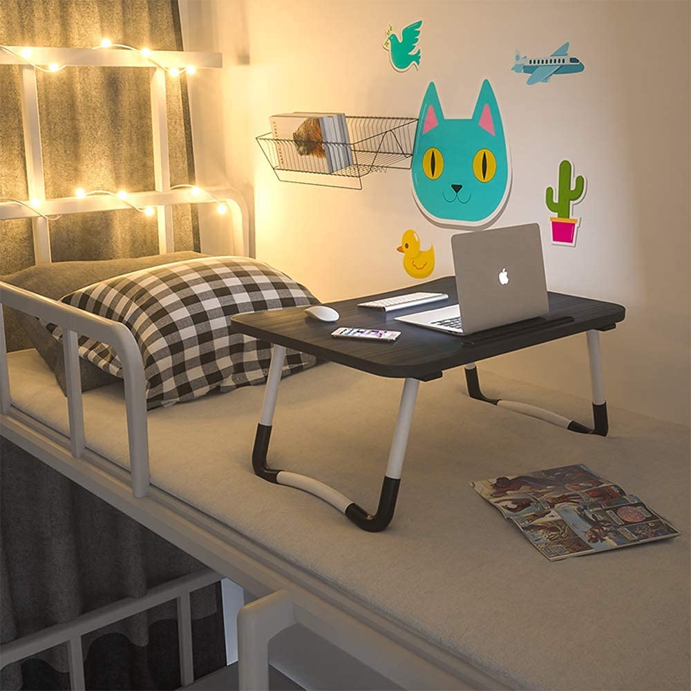 Home Office Lap Desk with Storage Drawer, Tablet and Cup Holders, Laptop Bed Tray Table, 23.6" Foldable Laptop Desk, Laptop Stand for Working, Writing, Gaming and Drawing, White Top White Legs