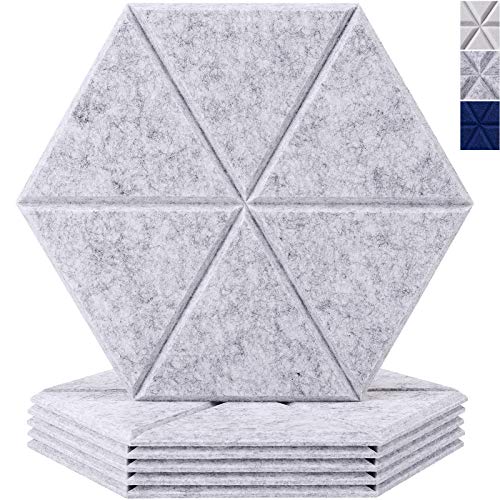 Jardeon Hexagon 3D Textured Acoustic Panels Silver Grey Sound Proof Padding Decorative Wall Tiles, Line Carving Exclusive Design, 14'' X 13'' X 0.4'', 6 Pack