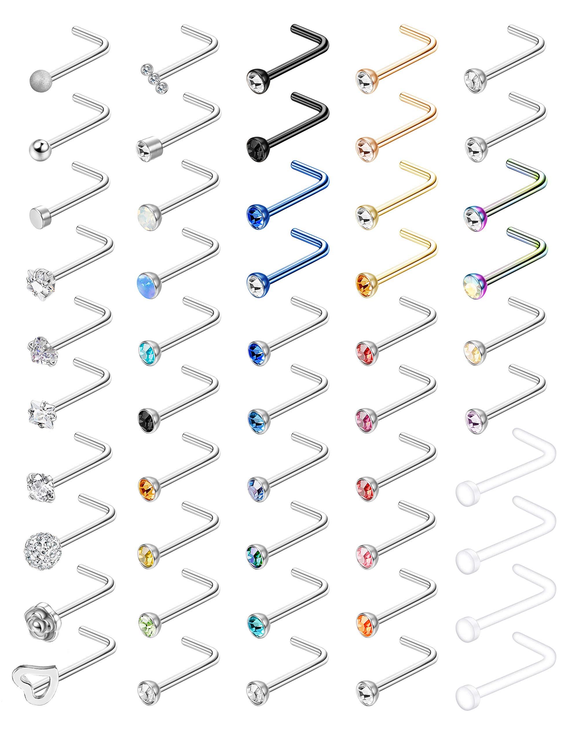 Jstyle 50Pcs 18G 20G L Shape Nose Studs Nose Ring Stud Stainless Steel Nose Piercings for Men Women CZ Clear Nose Stud Set L
