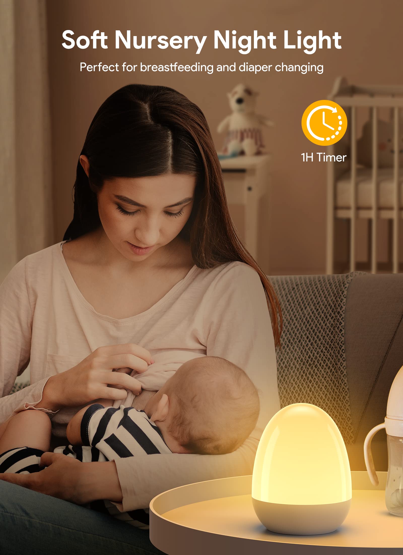 MediAcous Night Lights for Kids, Baby Night Light with Stable Charging Pad, Portable Night Light with Touch Control & 1H Timer, Stepless Dimming, ABS+PC Egg Night Light for Baby Nursery