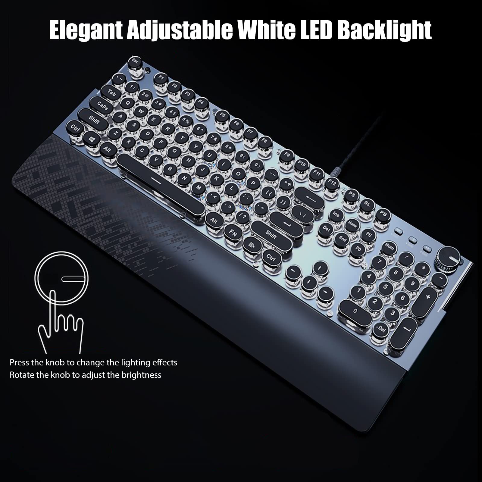 MYKYLIN Typewriter Keyboard Mechanical Gaming Keyboard White LED Backlit Removable Magnetic Wrist Rest Multifunction Knob 104-Key Anti-Ghosting Black Switch Retro Steampunk Round Keycaps Wired USB