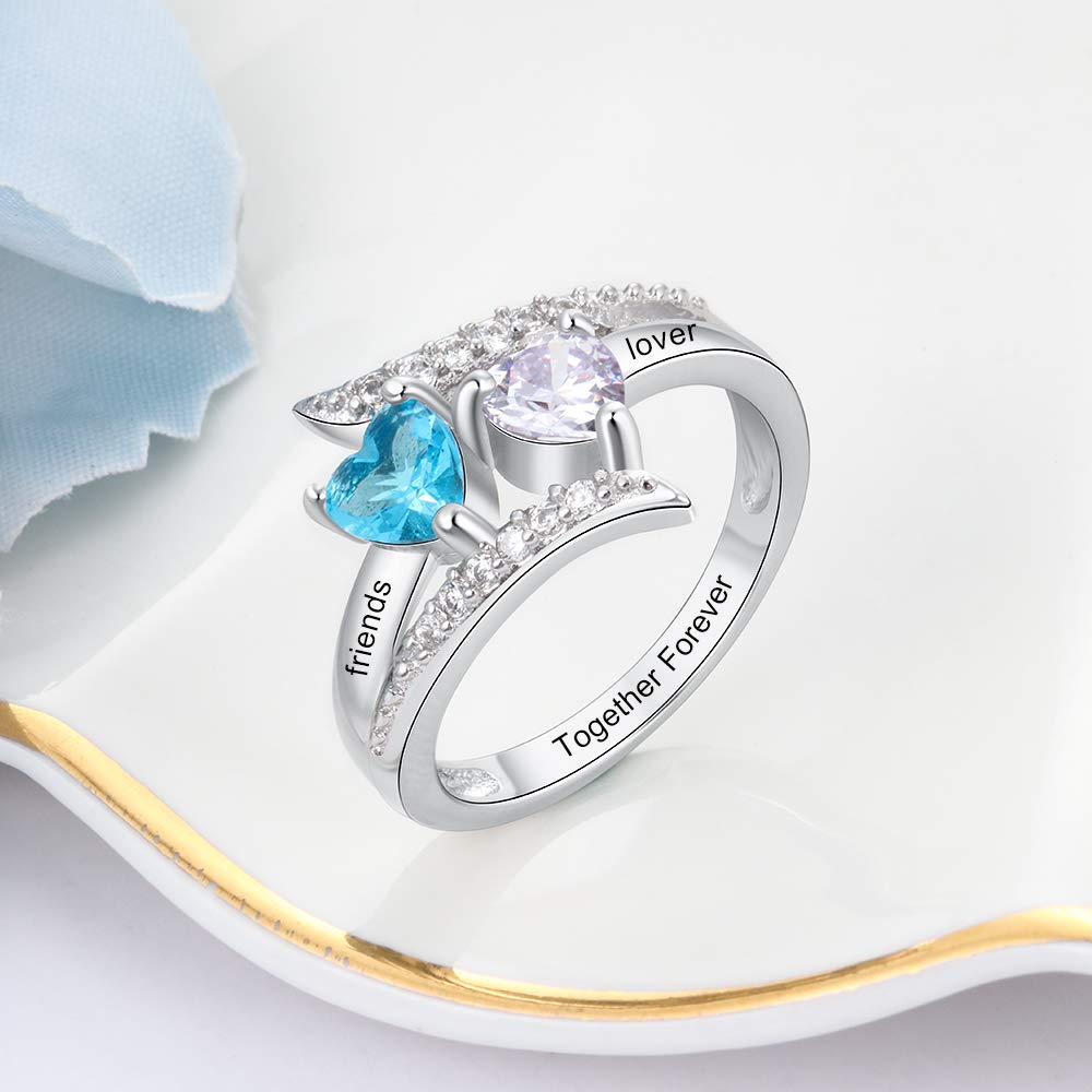 JewelOra Personalized 2 Simulated Birthstones Engagement Promise Ring For Her Couple Friendship Rings for Women (Silver, 7)