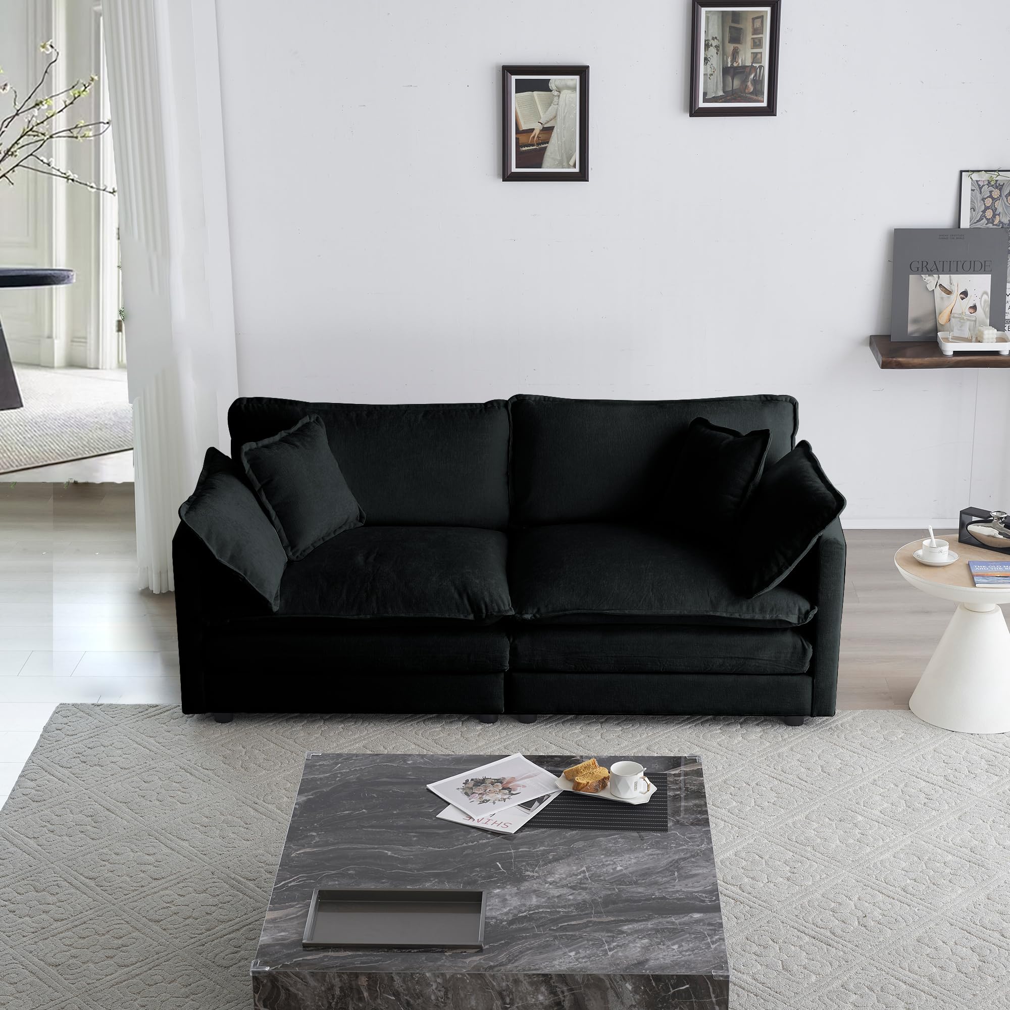Tmsan 76.7" Black Deep Seat Loveseat Sofa, Oversized 2 Seater Chenille Sectional Cloud Couch, Modern Large Luxury Love Seat for Living Room Bedroom Apartment Office