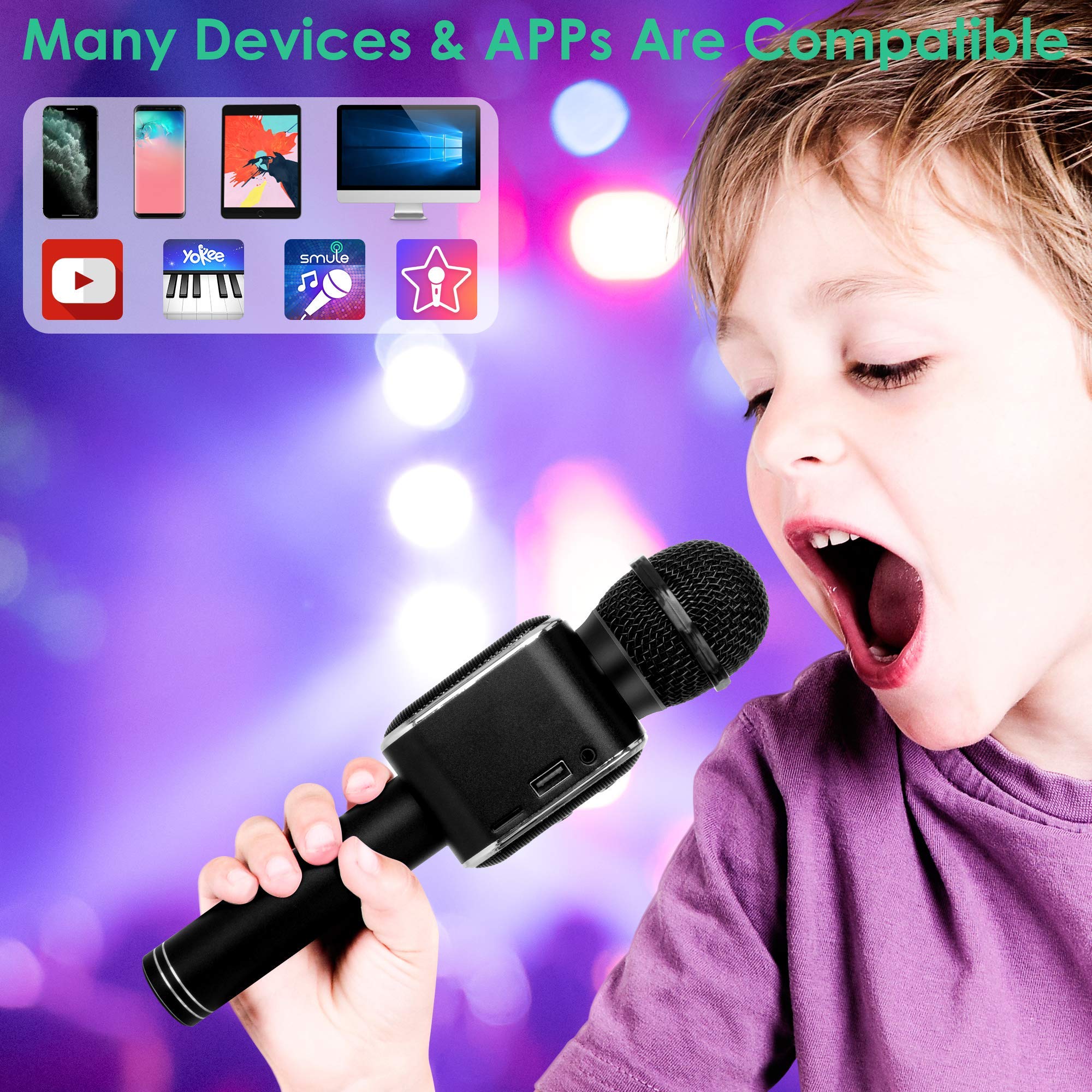 KIDWILL Wireless Bluetooth Karaoke Microphone for Kids, 5-in-1 Portable Handheld Karaoke Mic Speaker Player Recorder with LED Lights for Kids Girls Boys Teens Birthday (1818-Black)