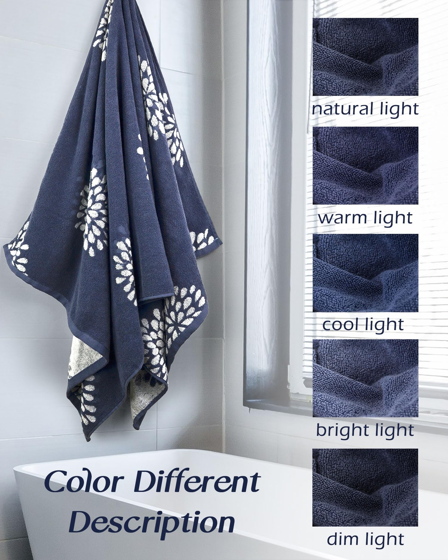 Jacquotha 2 Pack Cute Bath Towels Hydrangea Floral Jacquard - Extra Soft Absorbent Bathroom Towels for Shower Gym Pool, Denim Blue & Light Grey, 55" x 28"
