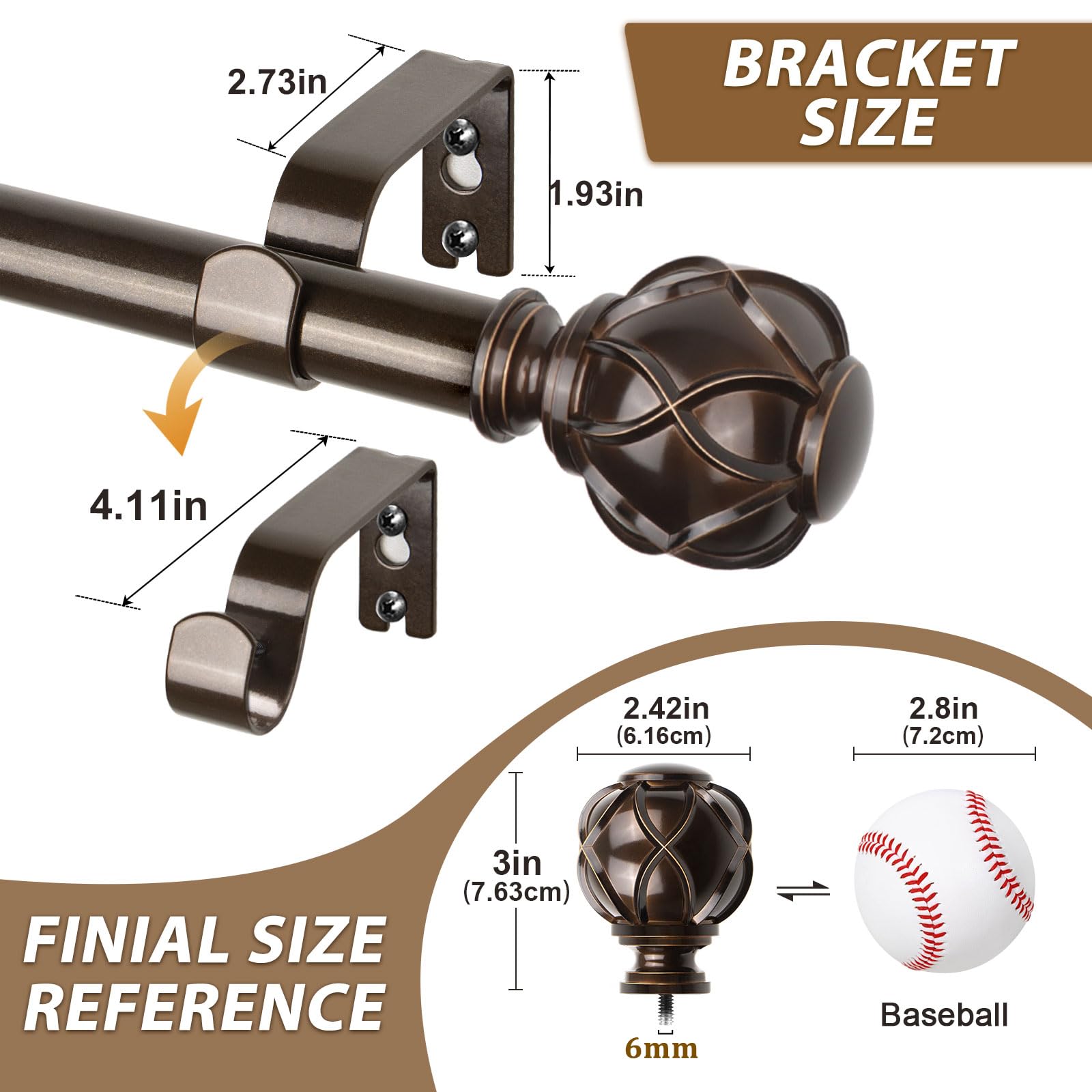 KAMANINA Single Curtain Rod 32 to 58 Inch(2.6-4.8Ft), 7/8 Inch Antique Bronze Adjustable Drapery Rod for Windows, Decorative Netted Texture End