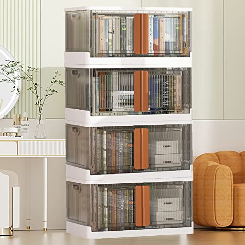 Jacriah Plastic Storage Bins, 19 Gallon Storage Bin with Lids and Door, 4 Pack Collapsible Storage Bin with Wheels, Stackable Toys Organizer Storage Container, Folding Storage Box for Closet Organizer